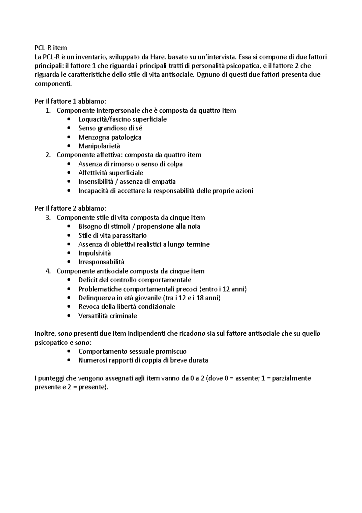 PCL-R checklist psicopatia - PCL-R item La PCL-R è un inventario ...