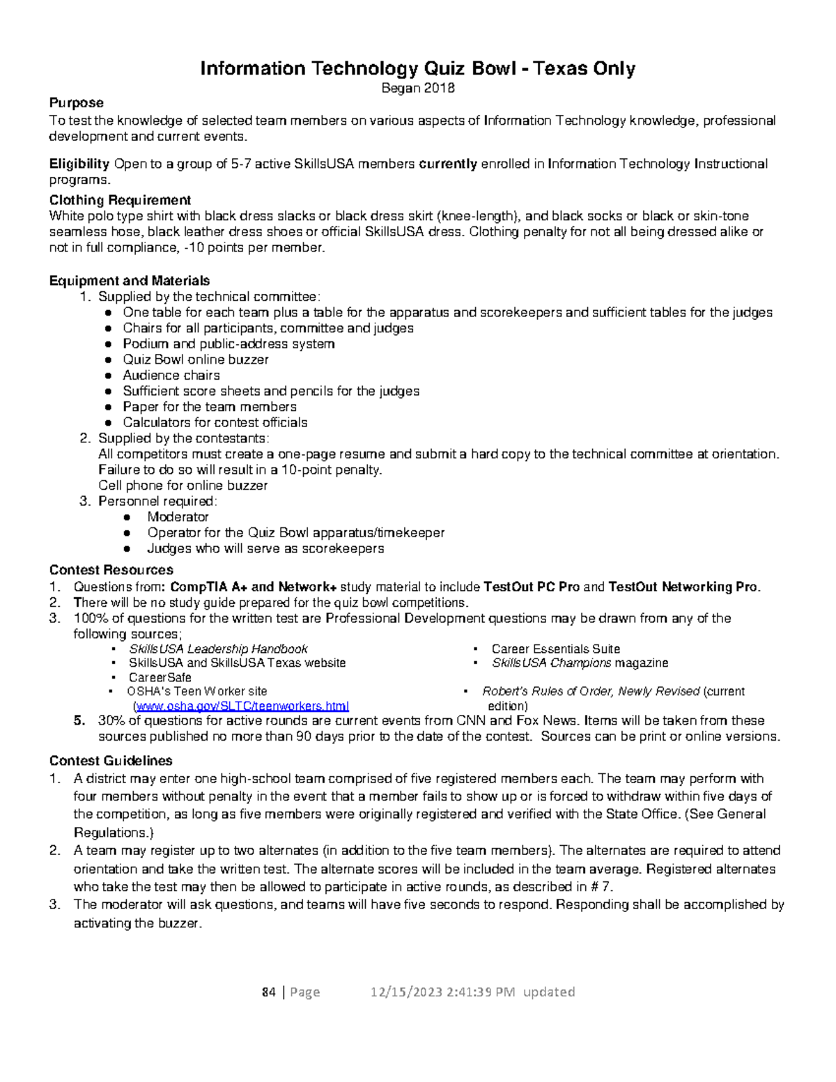 Skills USA Texas IT Quiz Bowl - 84 | Page 12/15/2023 2:41:39 PM updated ...