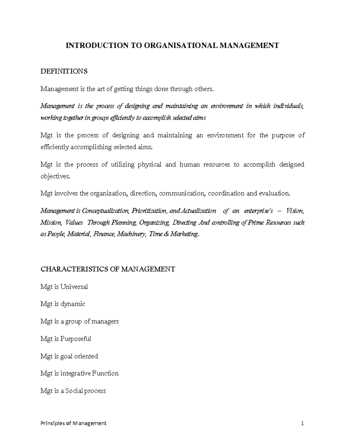 Vol 1 Topic 1 Introduction to Management - INTRODUCTION TO ...