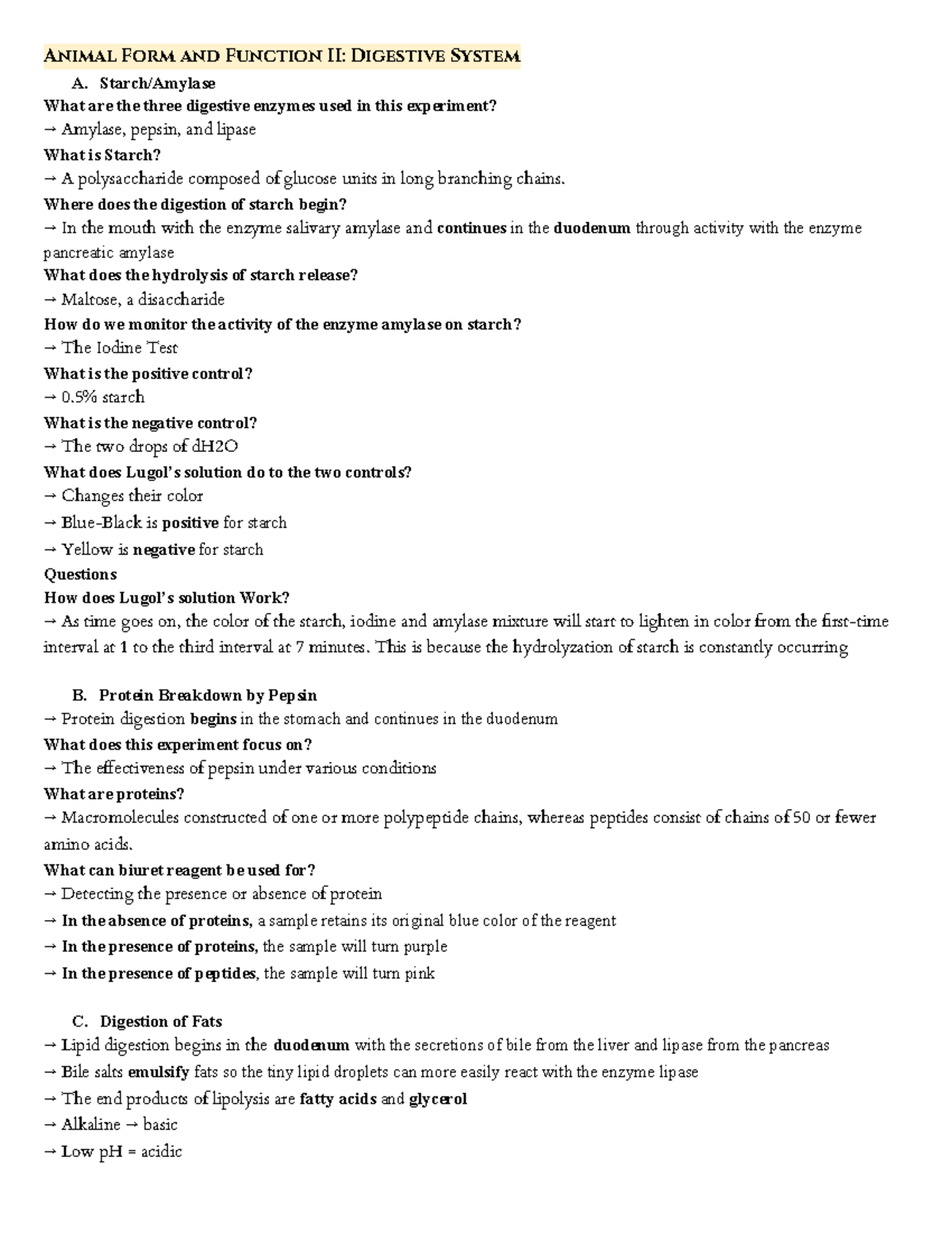 Digestion Lab Study Guide - Animal Form and Function II: Digestive ...