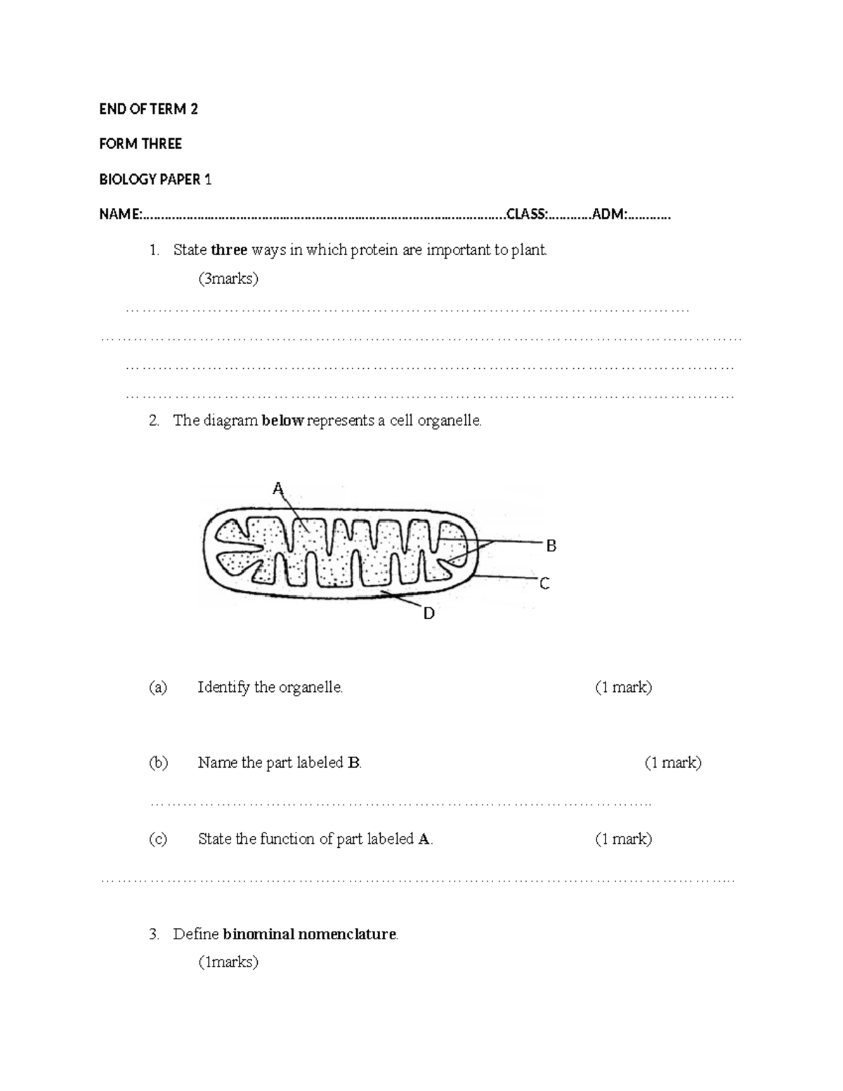 Biology-PP1-Teacher - good - END OF TERM 2 FORM THREE BIOLOGY PAPER 1 ...
