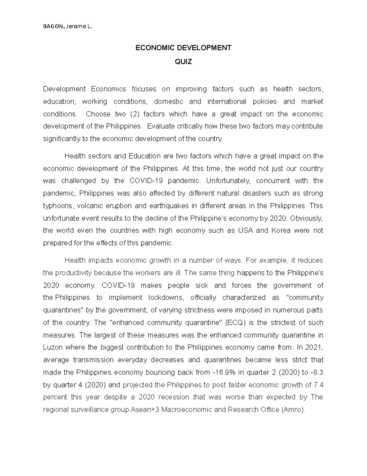 QUIZ 1 Economic Development ( Bagon, Jerome L - BAGON, Jerome L ...