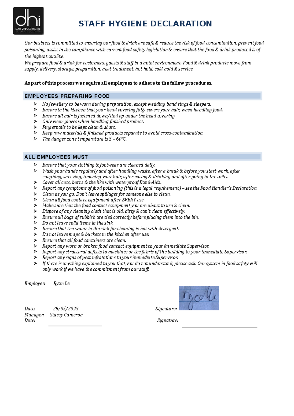 4 Hygiene Declaration - hello - STAFF HYGIENE DECLARATION Our business ...