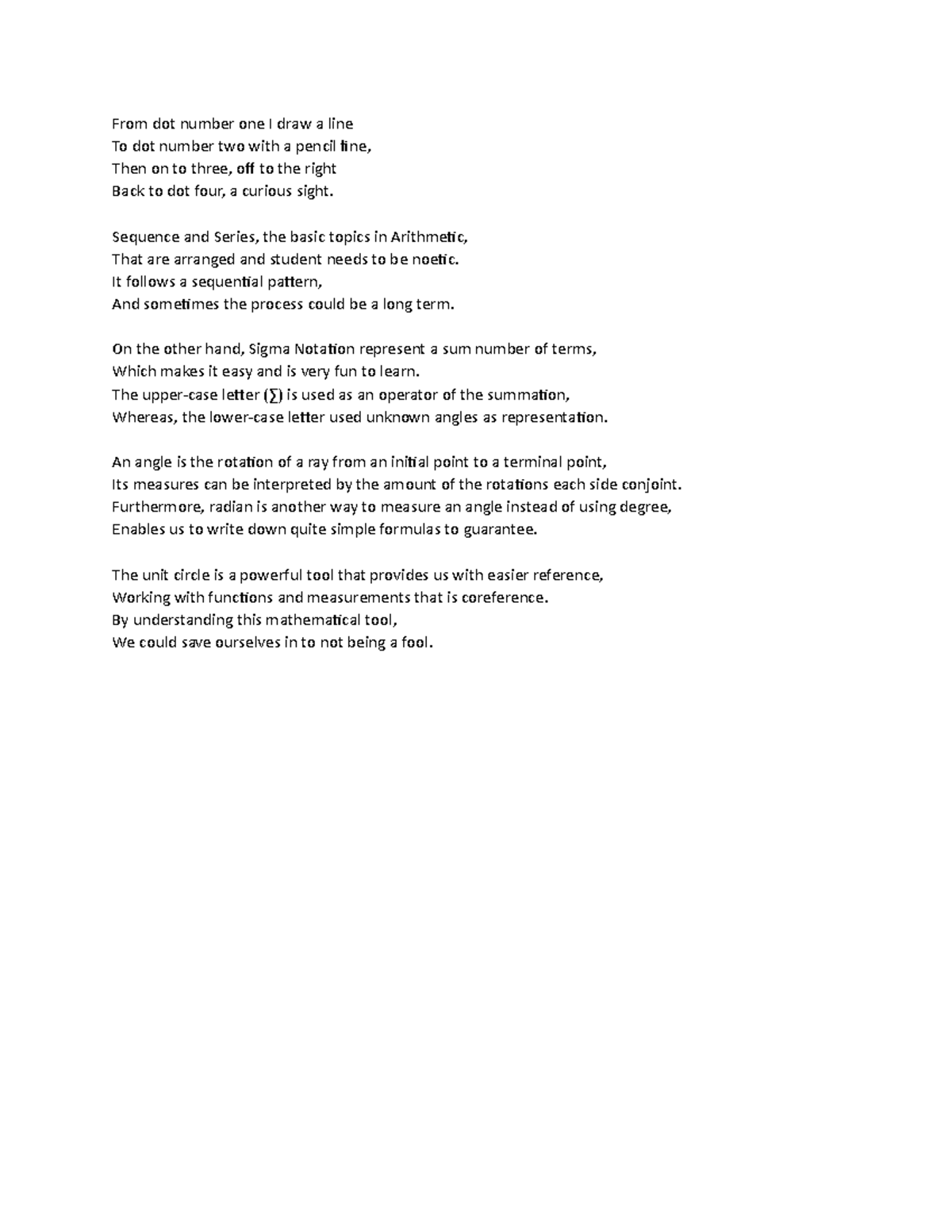 PRE CAL POEM PT - poem - From dot number one I draw a line To dot ...