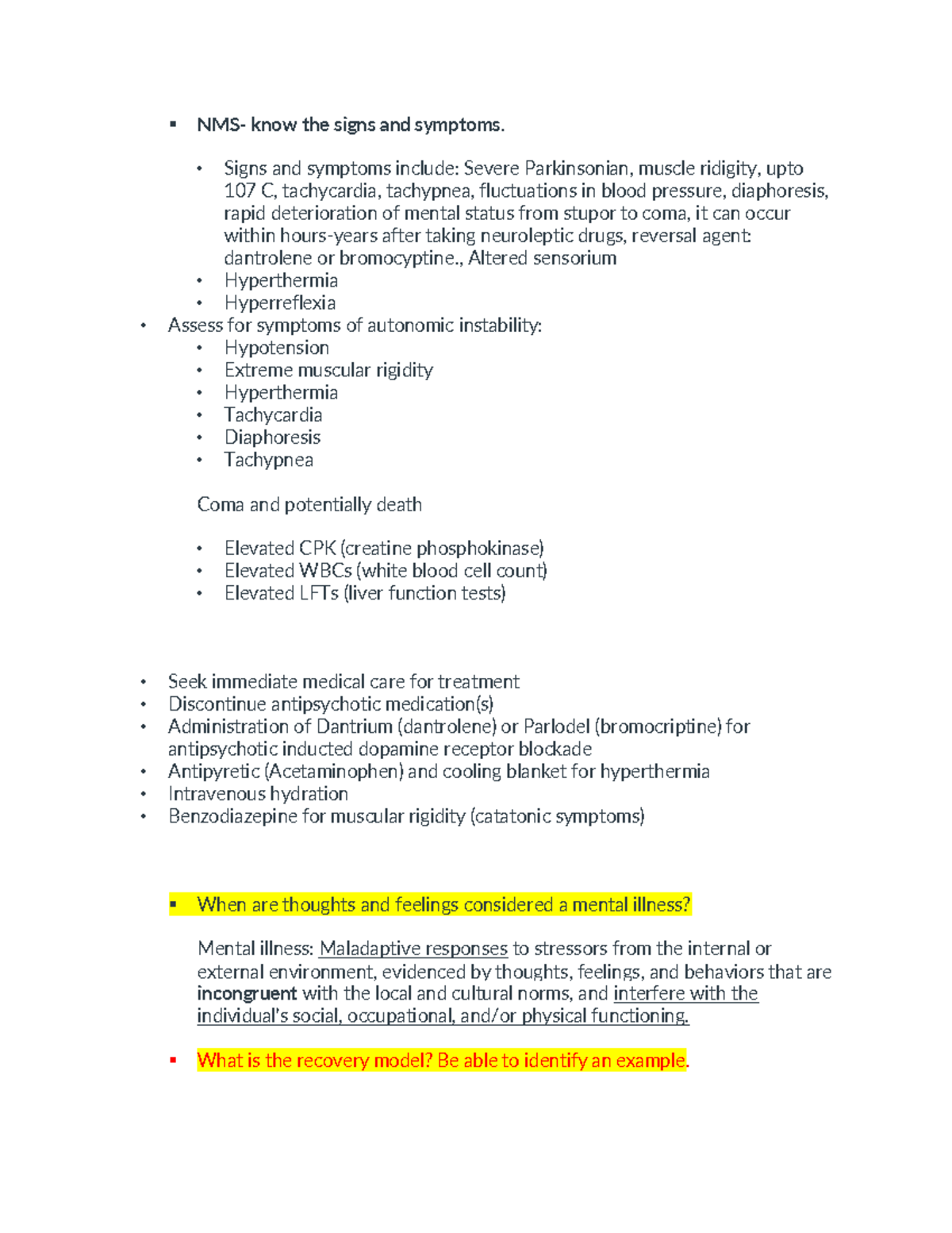 Psych Final - med template - NMS- know the signs and symptoms. Signs ...