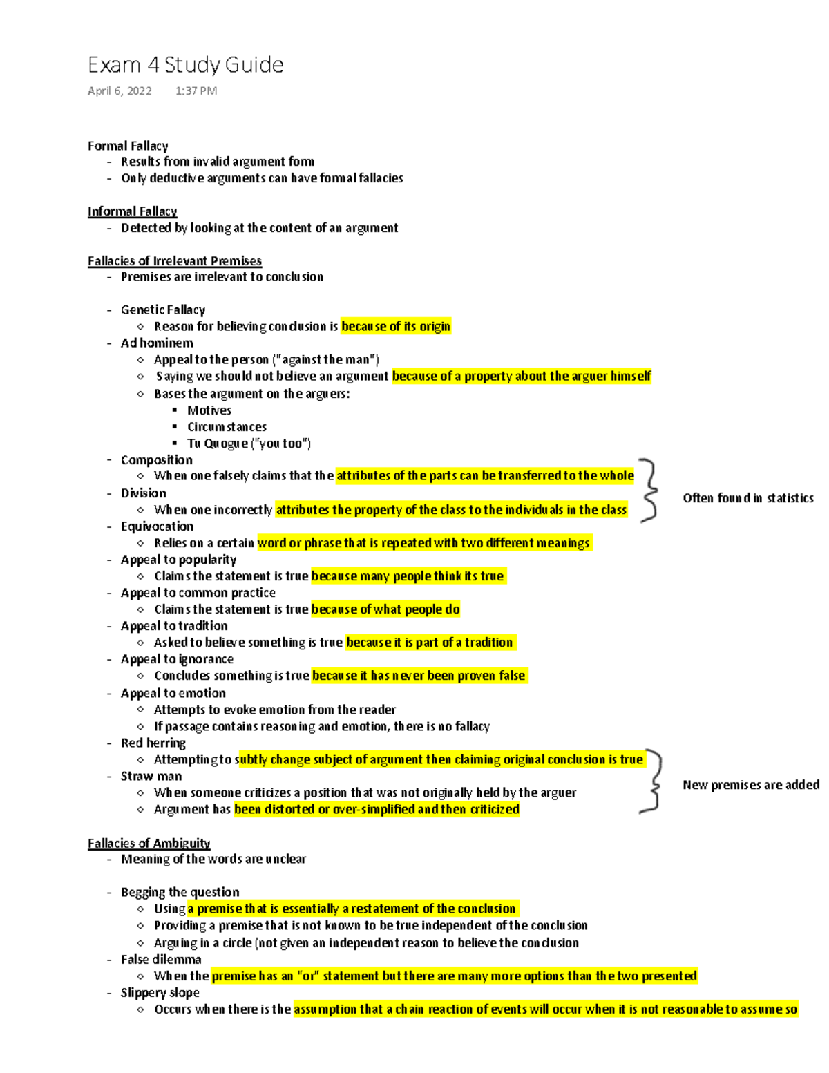 PHIL 201 Exam 4 Study Guide - Formal Fallacy - Results from invalid ...