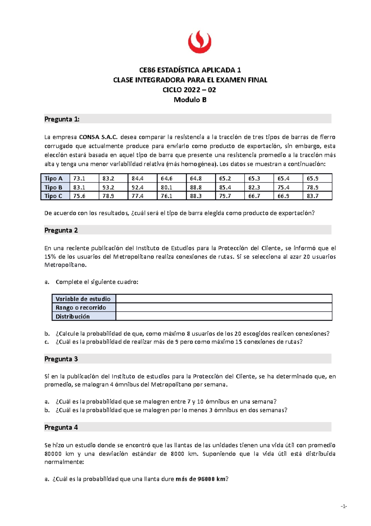 CE86 Taller Clase Integradora EB - CE86 ESTADÍSTICA APLICADA 1 CLASE INTEGRADORA PARA EL EXAMEN ...
