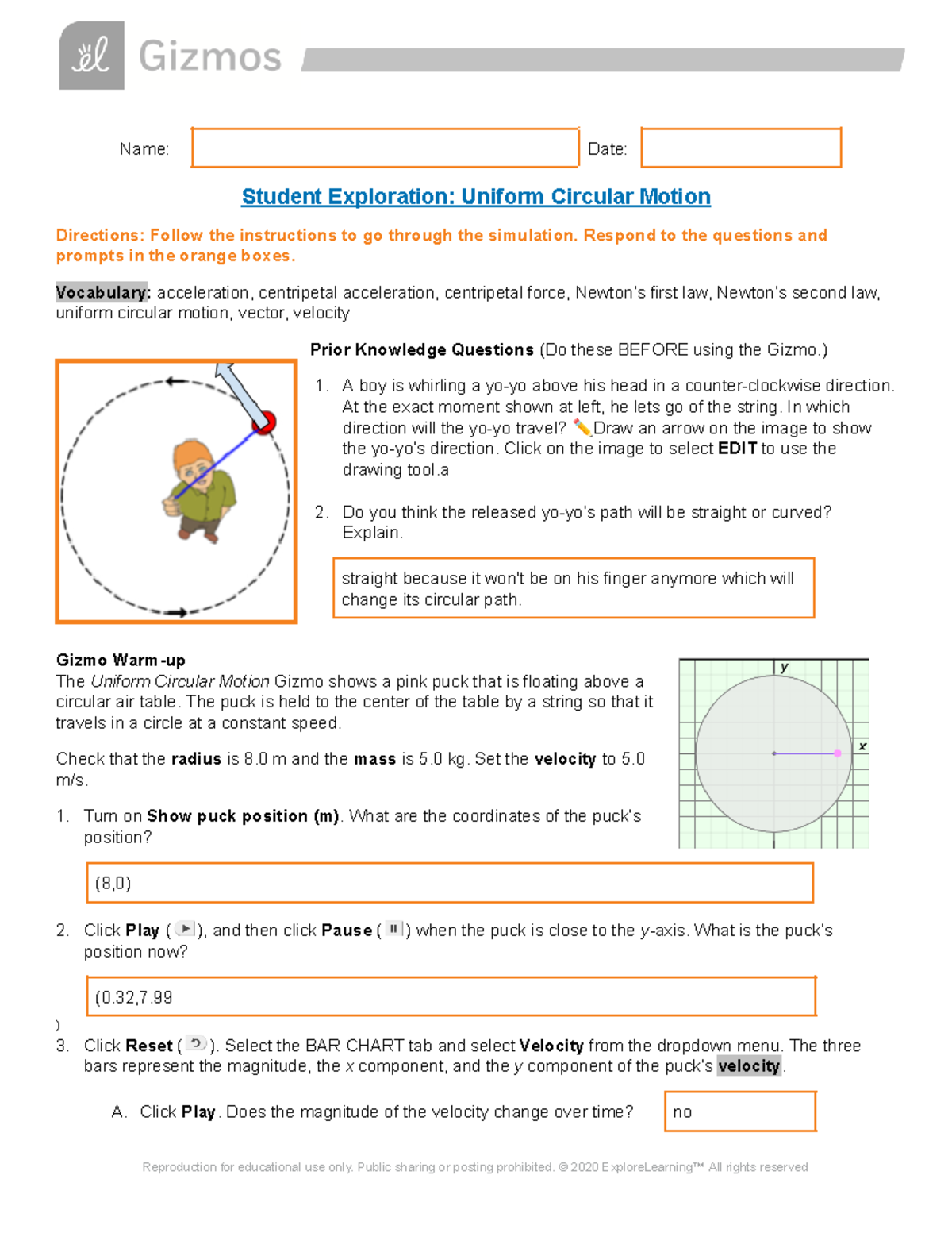 Copy of Uniform Circular Motion SE - Name: Date: Student Exploration ...