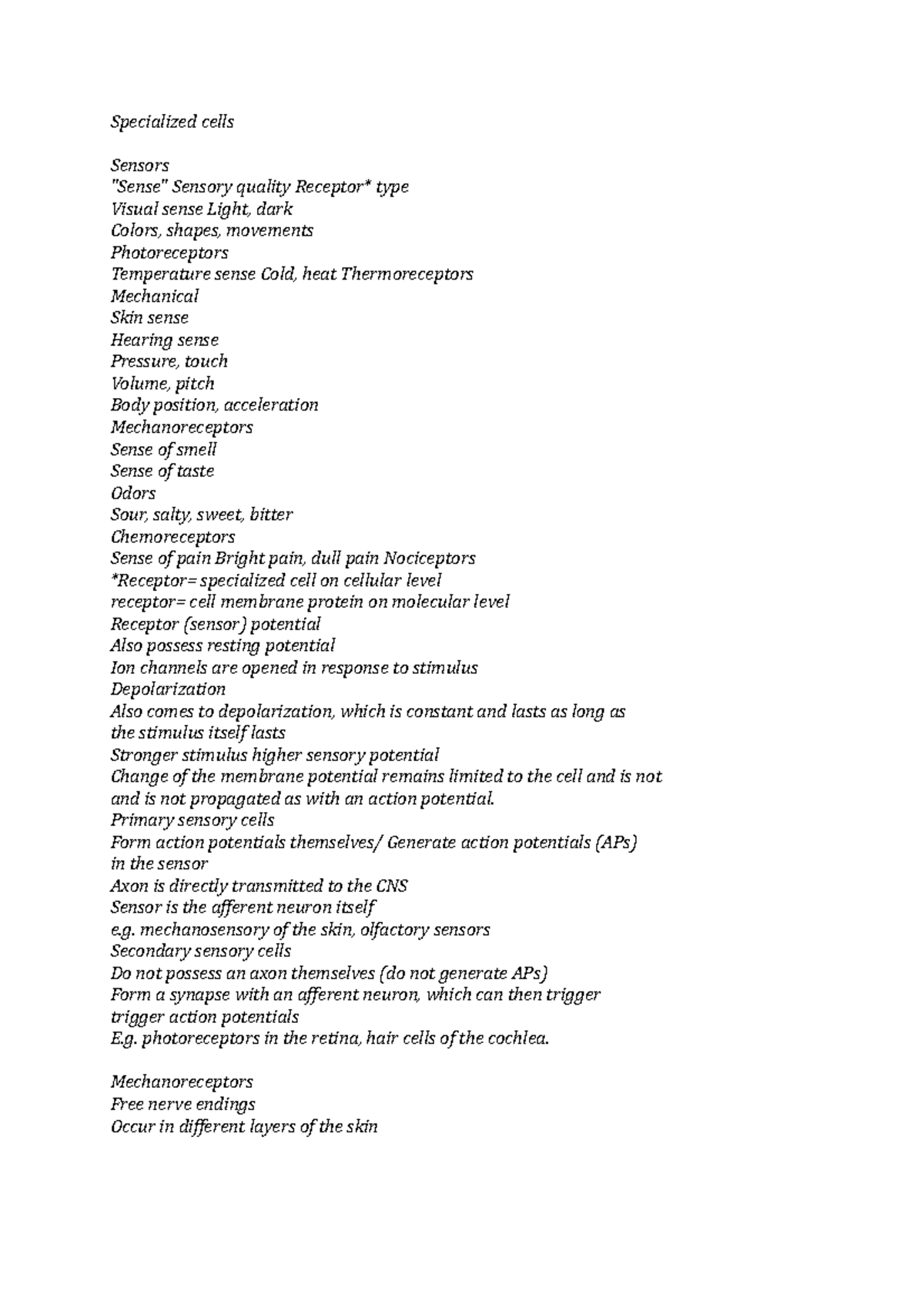 Specialized cells - Lecture notes 8 - Specialized cells Sensors Sensory ...