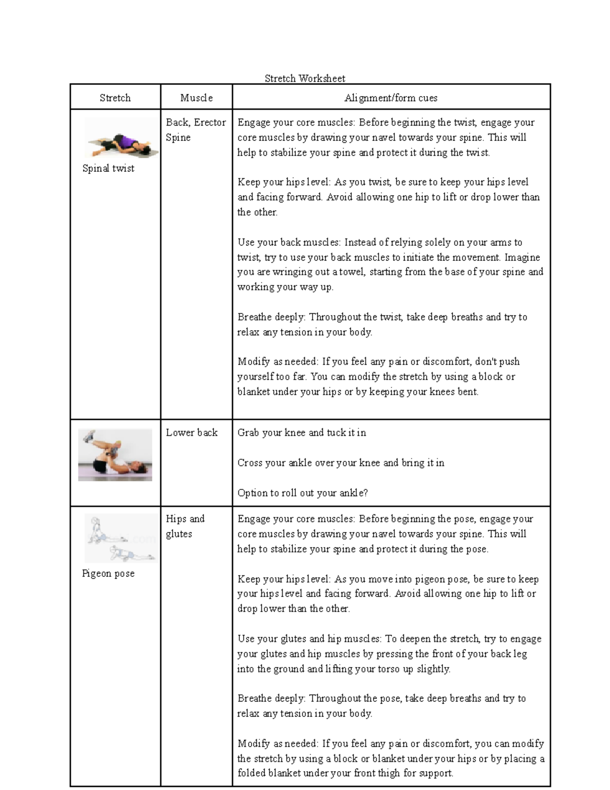 Stretch worksheet - Stretch Worksheet Stretch Muscle Alignment/form ...
