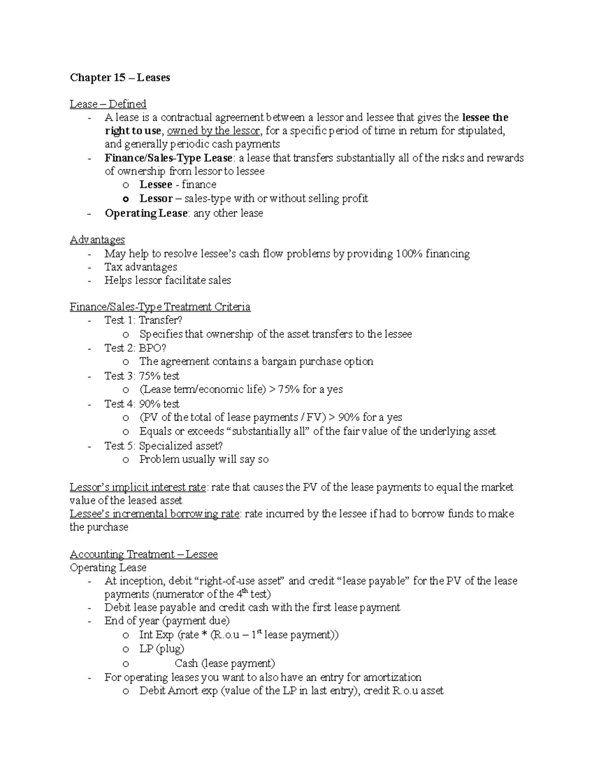 Exam 3 Acc 472 - Chapter 15 – Leases Lease – Defined - A lease is a ...