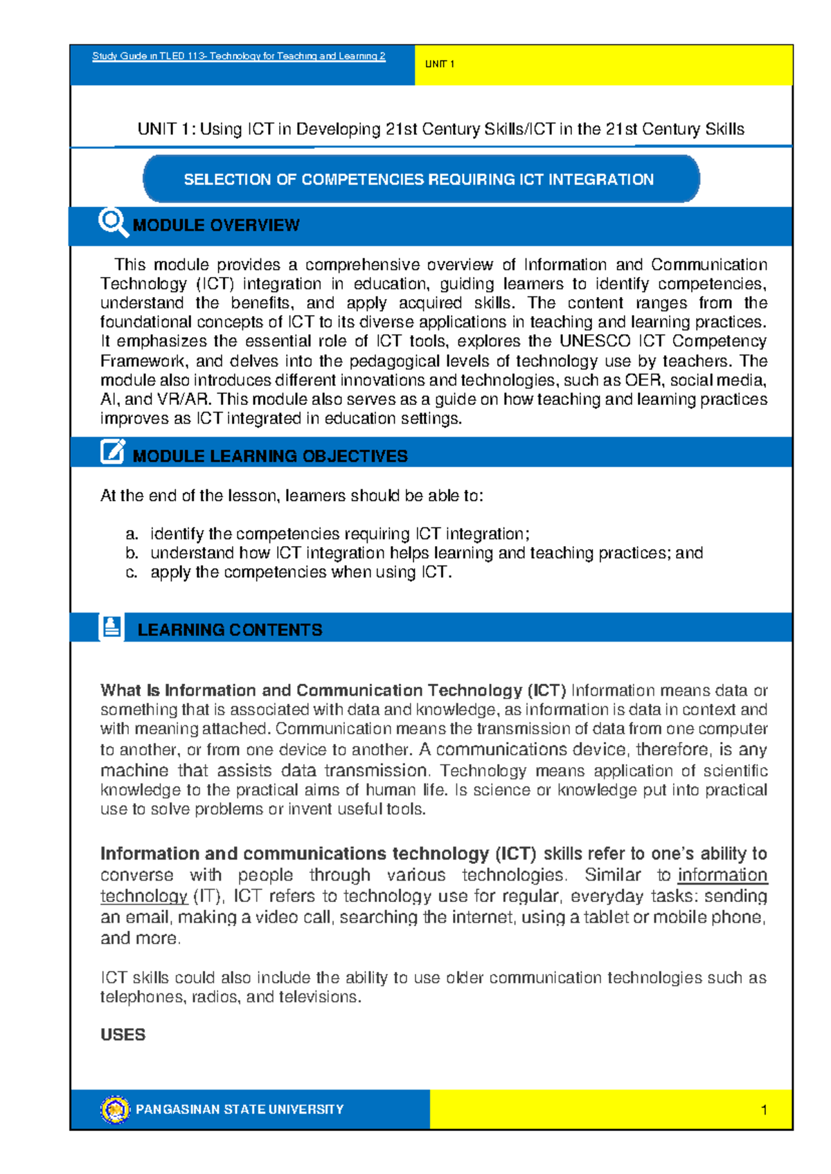 UNIT 1.3 Selection of competencies requiring ICT Integration -Final SG ...