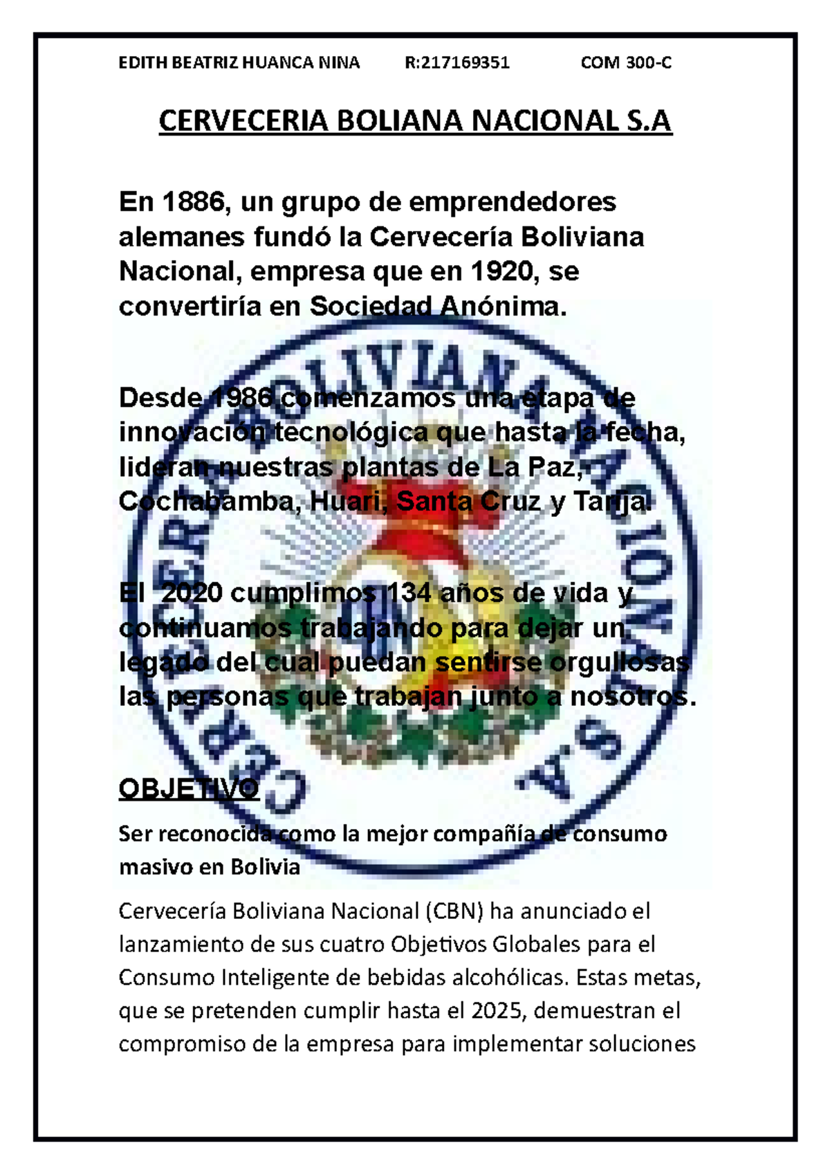 Cerveceria Boliana Nacional S - EDITH BEATRIZ HUANCA NINA R:217169351 ...