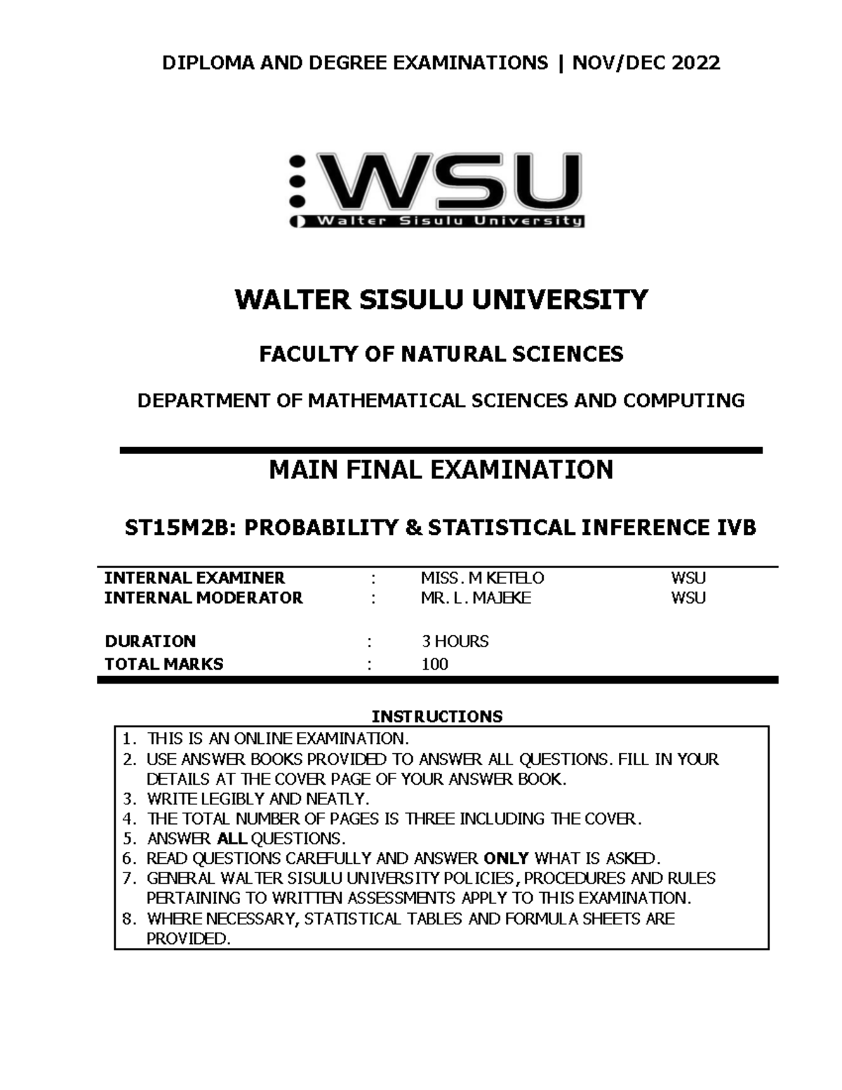 ST15M2B Main Examination 2022 - DIPLOMA AND DEGREE EXAMINATIONS | NOV ...
