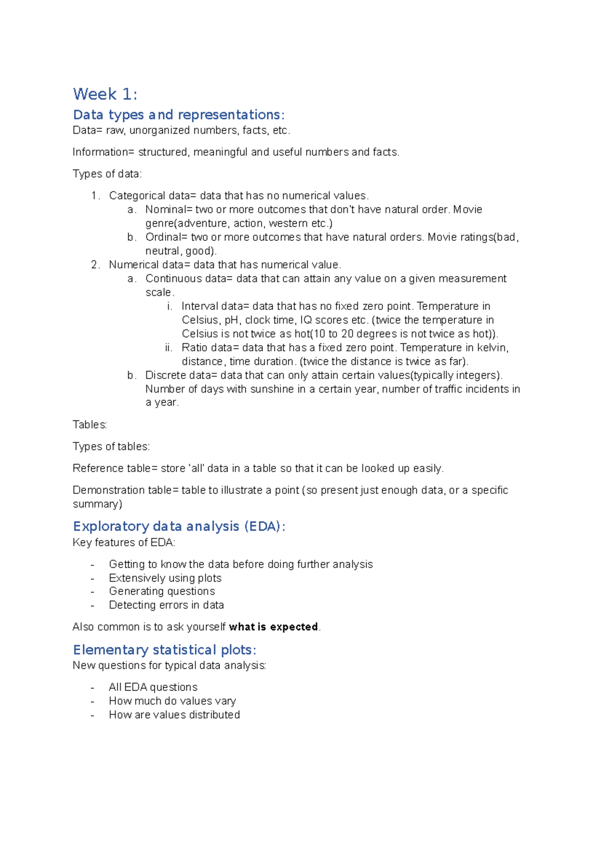 Week 1 Summary Eda Week 1 Data Types And Representations Data Raw Unorganized Numbers 