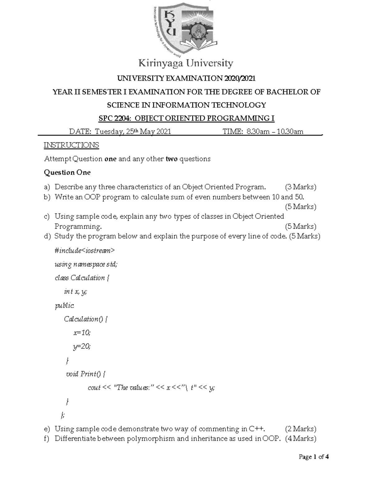 Spc 2224 Object Oriented Programming I Year Ii Semester I University Examination 2020 Year Ii