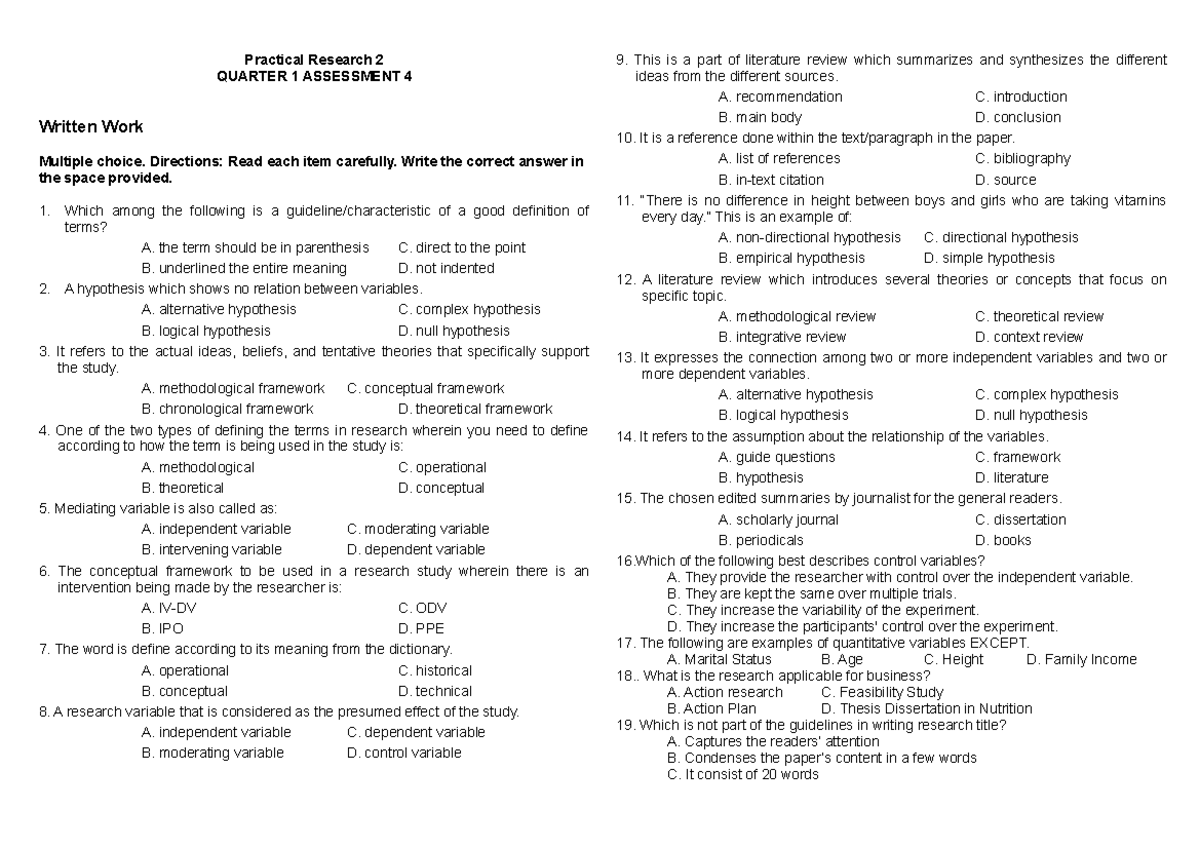 Assessment - Practical Research 2 QUARTER 1 ASSESSMENT 4 Written Work ...