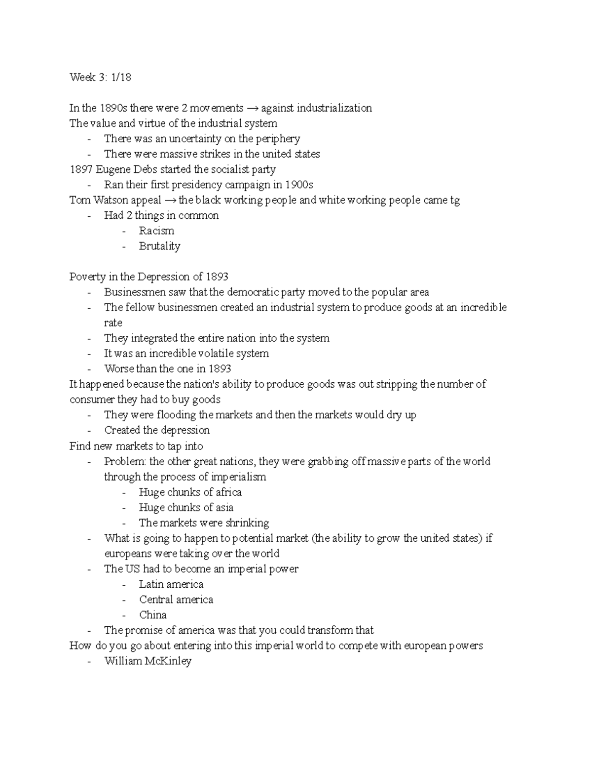 History 210 - Lecture Notes - Week 3: 1/ In the 1890s there were 2 ...