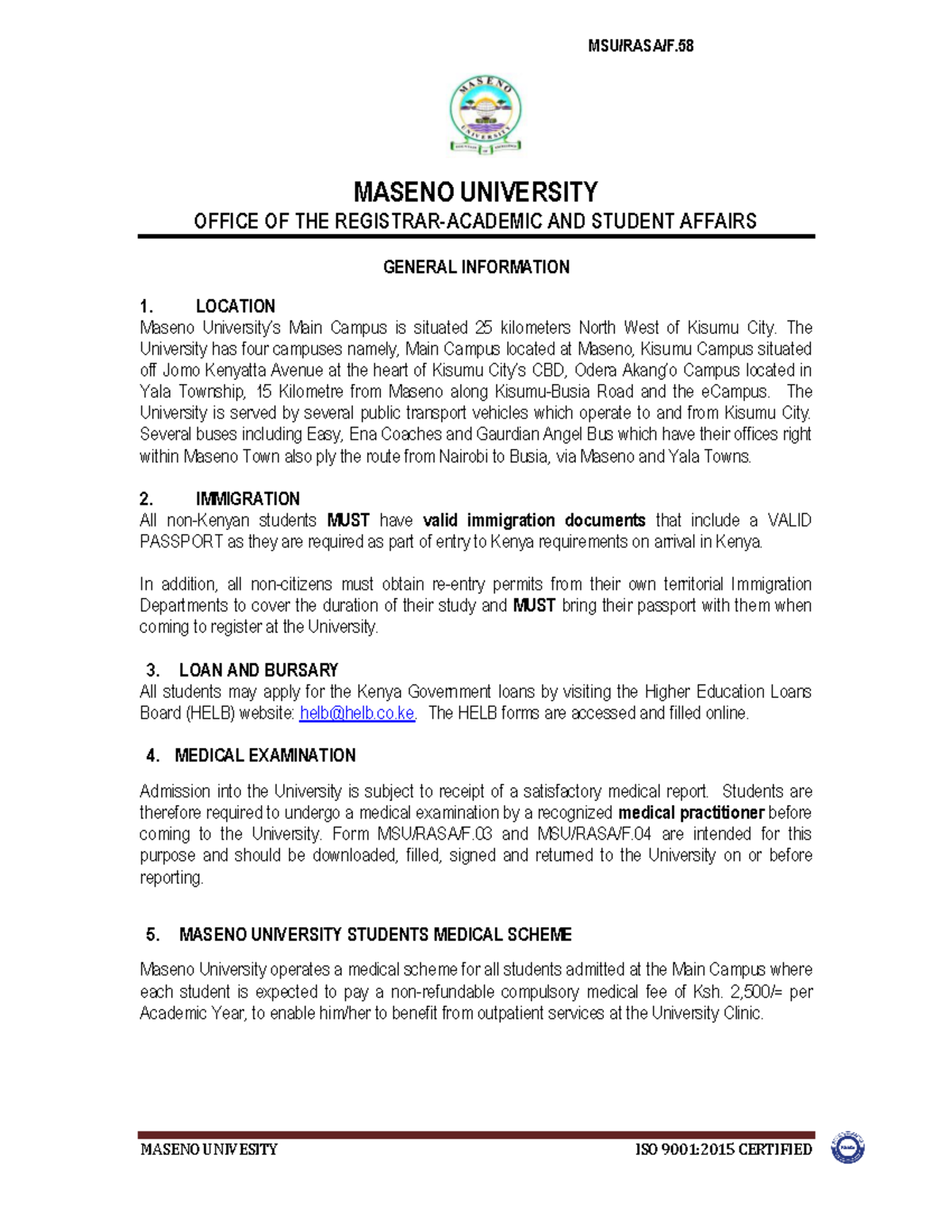 General Information NEW Students - MSU/RASA/F. MASENO UNIVERSITY OFFICE ...