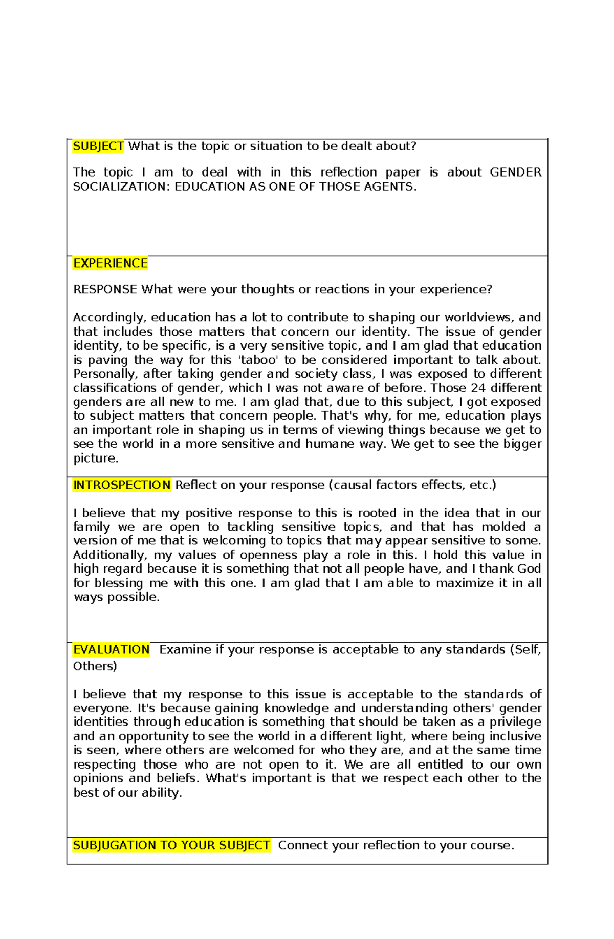 Reflection Paper 10 - task - SUBJECT What is the topic or situation to ...
