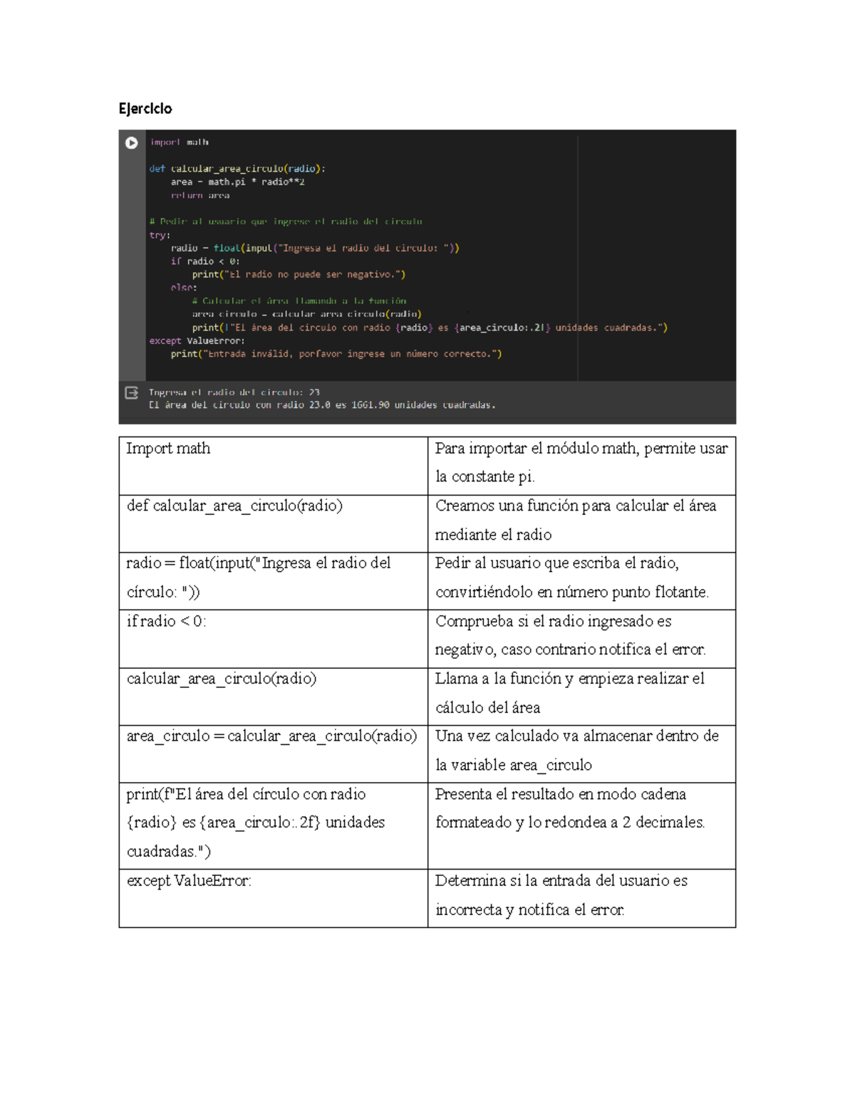 Ejercicio - Ejercicio Import math Para importar el módulo math, permite ...