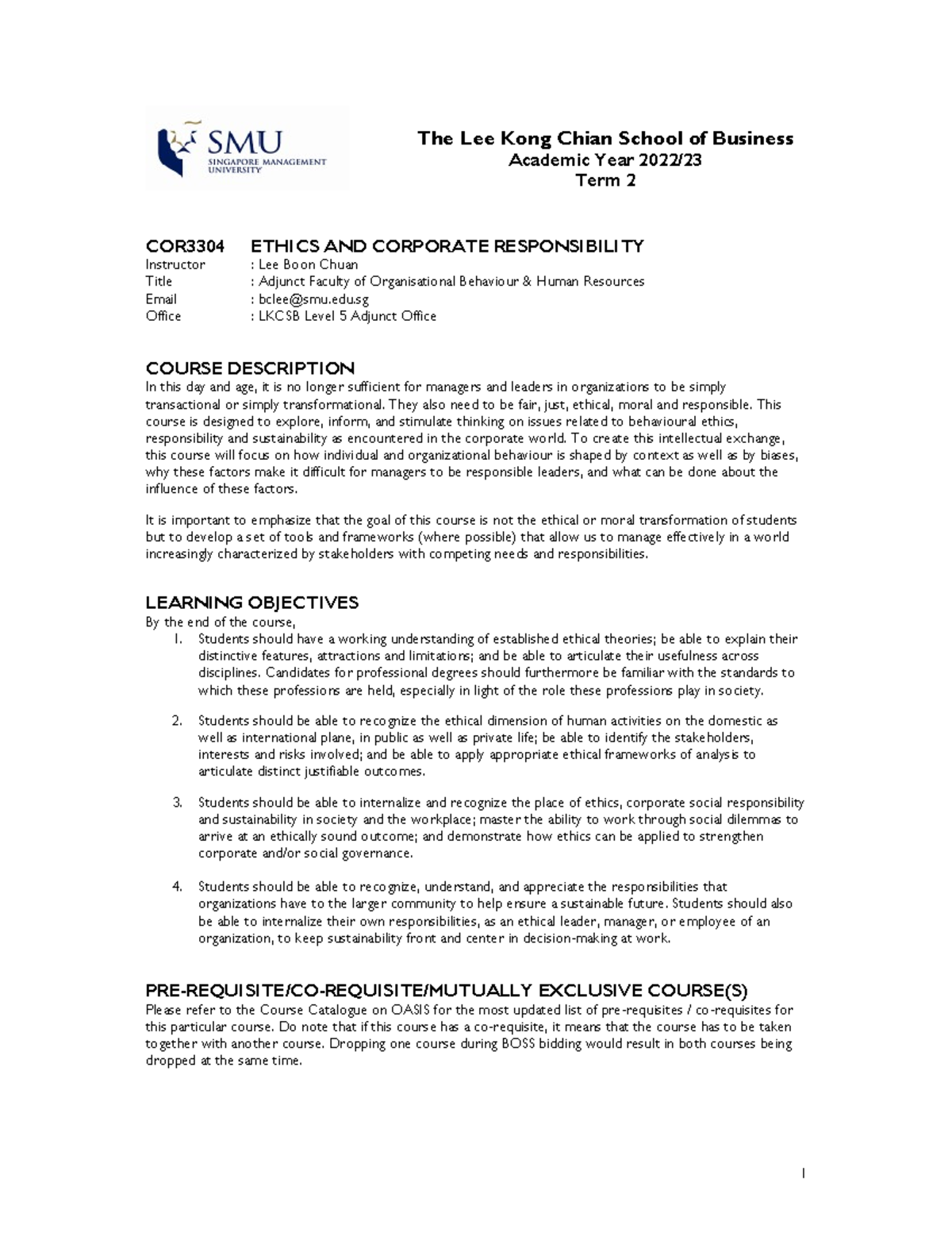 COR3304 Lee Boon Chuan Course Outline AY2324 Term 1 - The Lee Kong ...