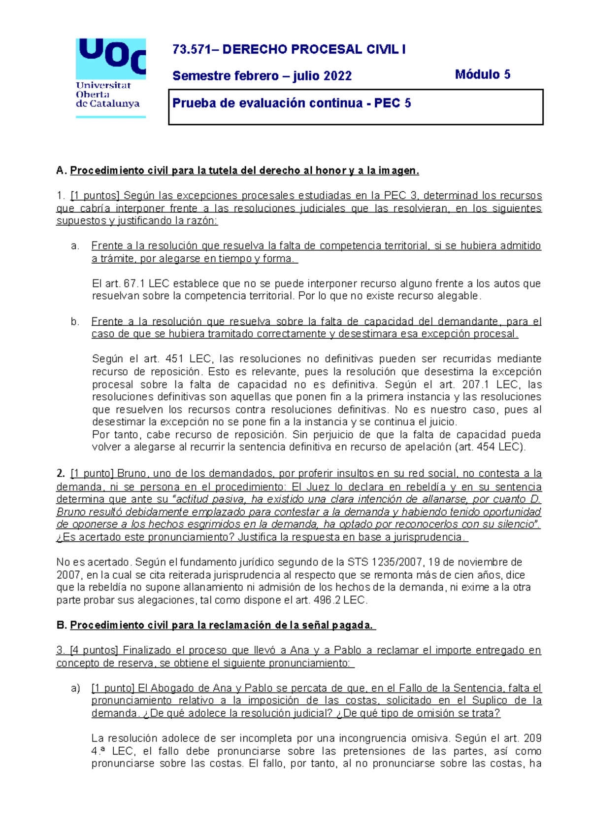 PEC5 IBE - procesal pec 5 - 73– DERECHO PROCESAL CIVIL I Semestre febrero – julio 2022 Módulo 5 ...