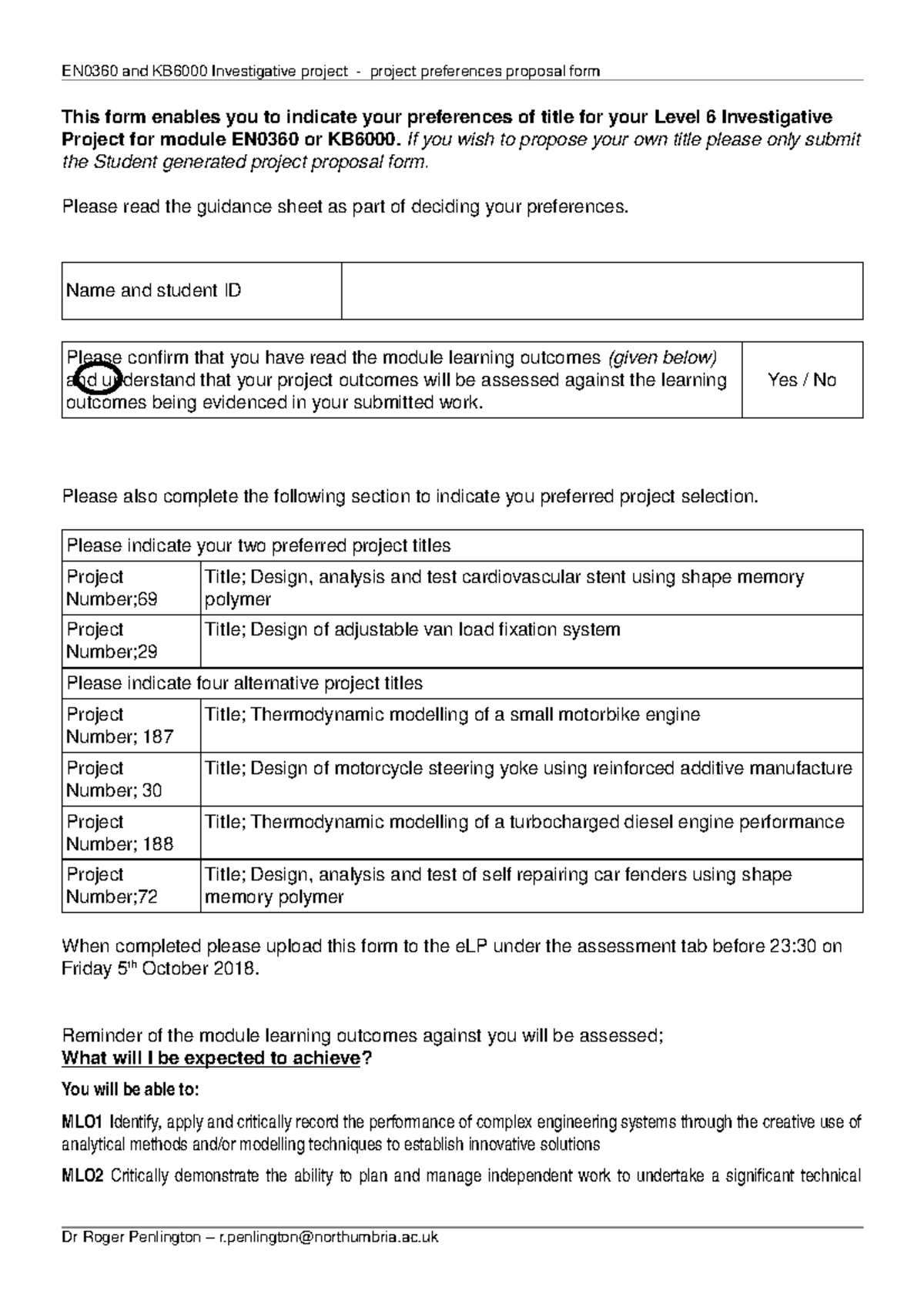 Project preferences form - EN0360 and KB6000 Investigative project ...