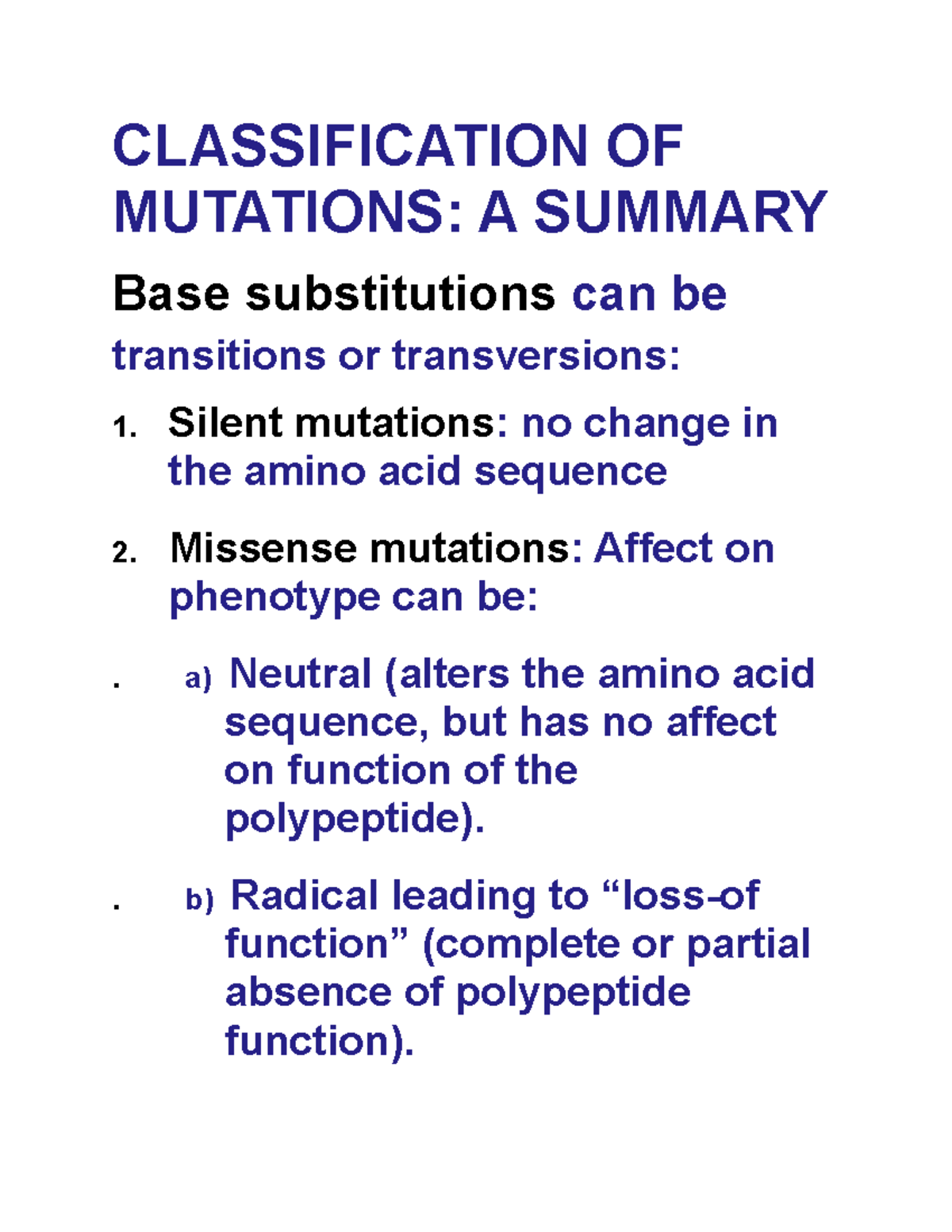 Lecture 11 mutations and their effects - CLASSIFICATION OF MUTATIONS: A ...