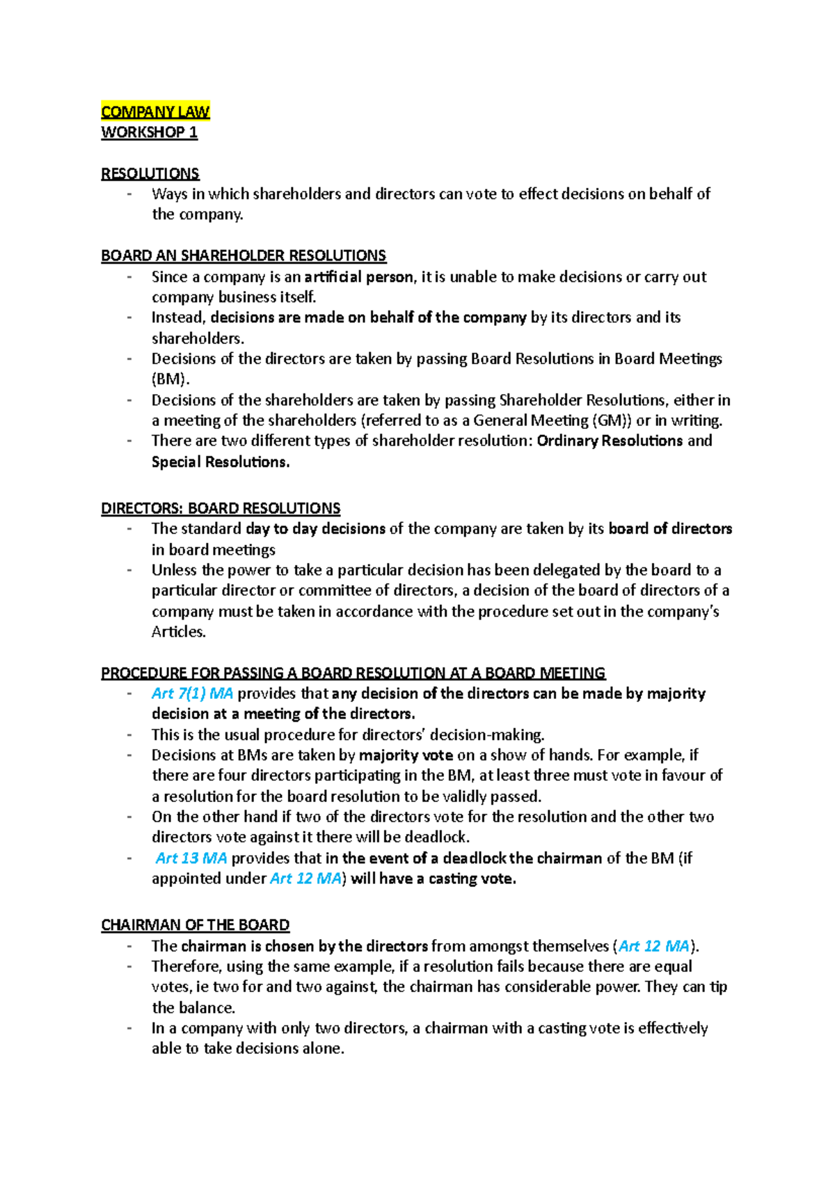 Resolutions - COMPANY LAW WORKSHOP 1 RESOLUTIONS Ways in which ...
