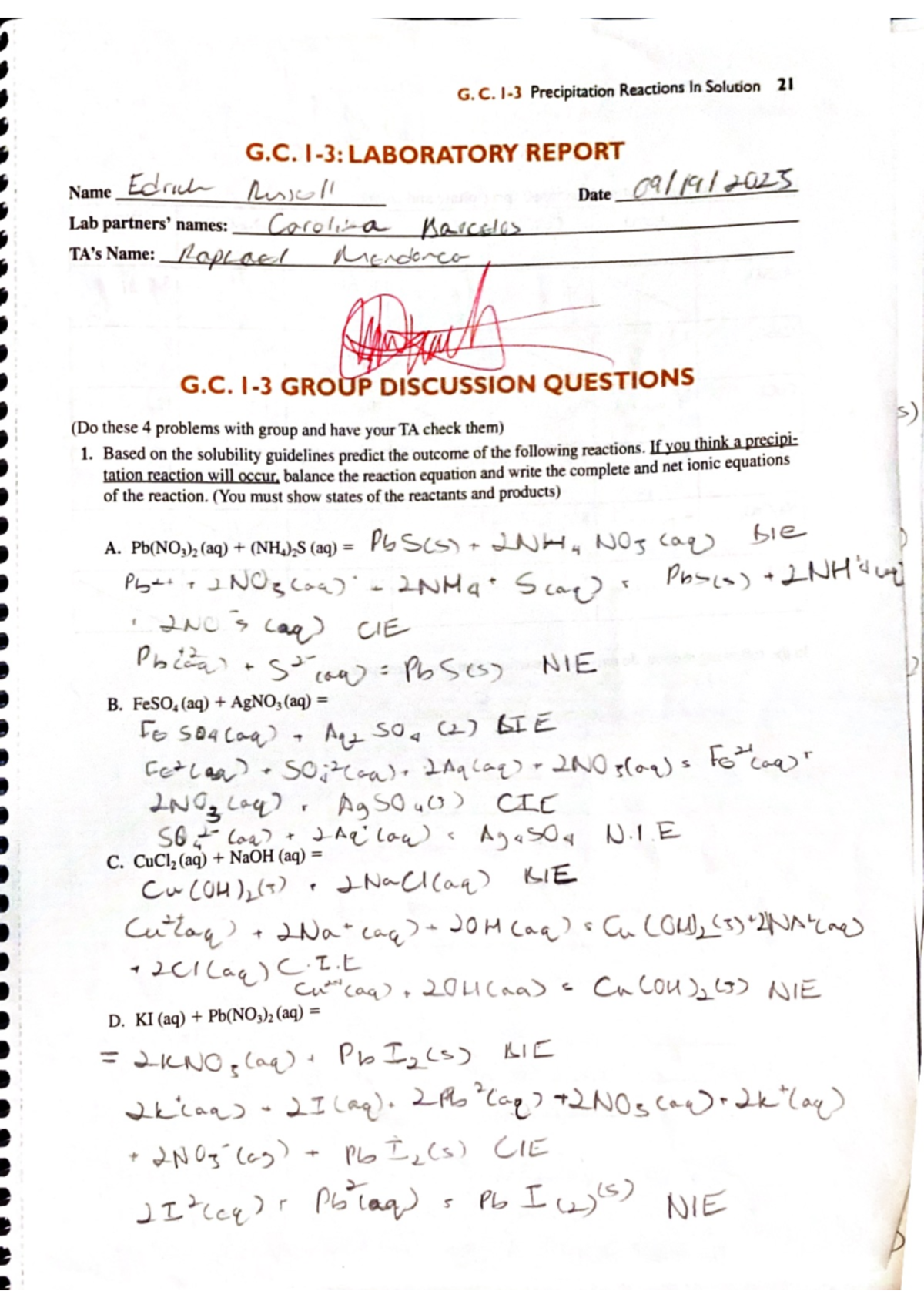 Chemistry Lab 1-3 - Lab Report 1-3 Reactions in Aqueous Solution - CHM ...