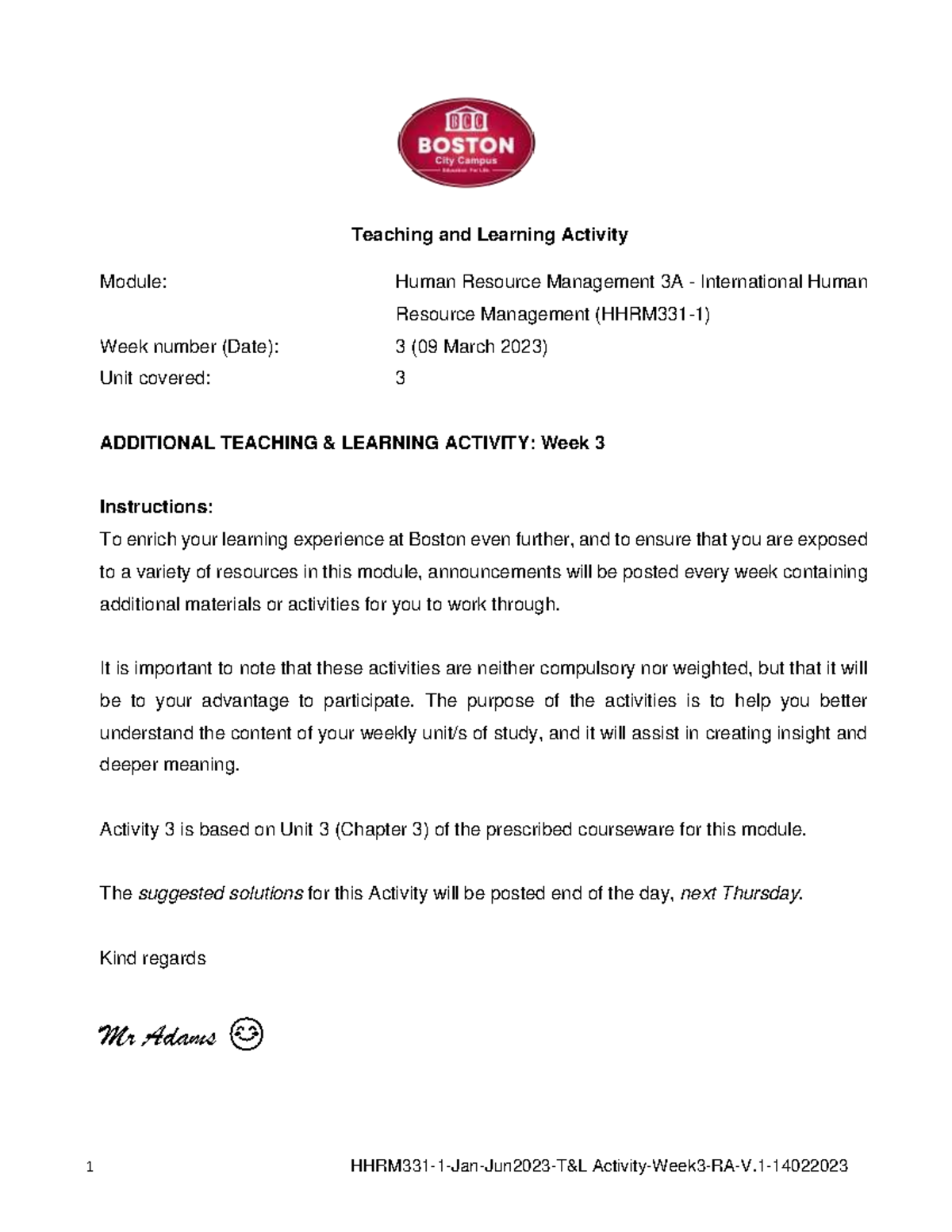 WEEK 3 - weekly activities for prescribed coursework - 1 HHRM331-1-Jan ...