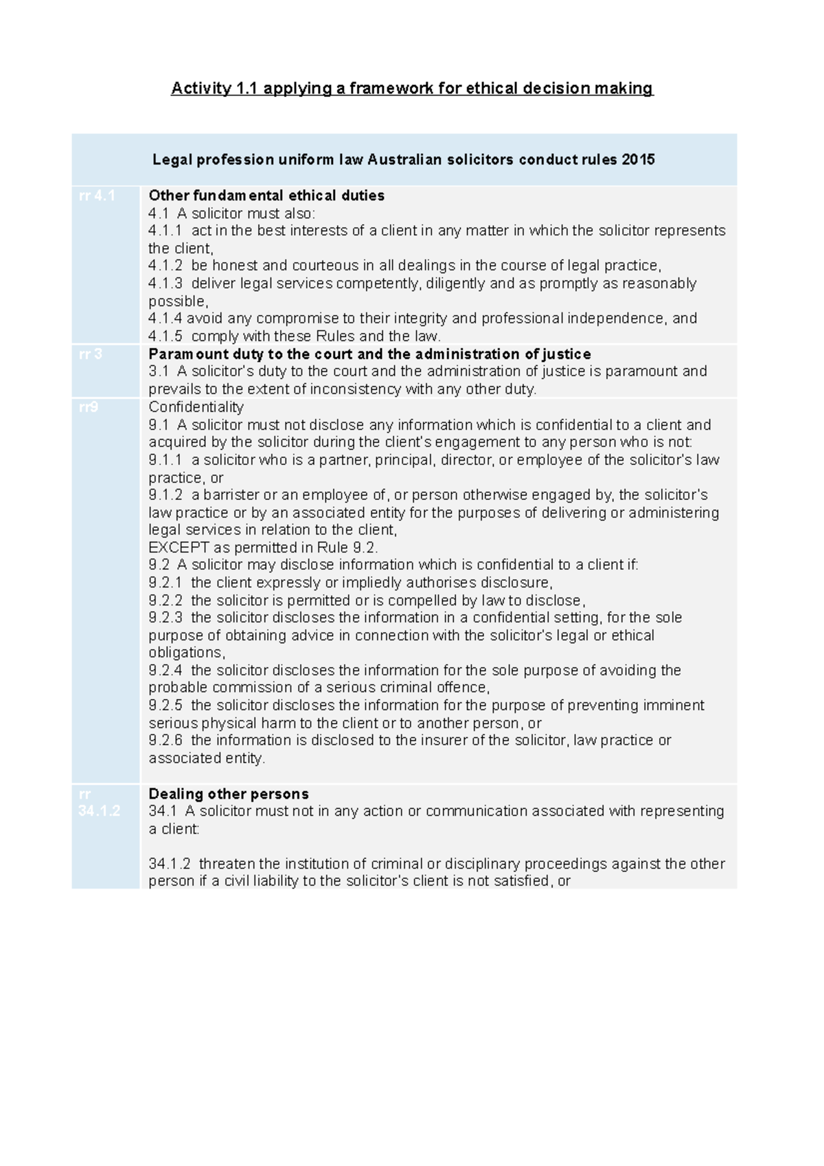 COL EPR Rules and laws - Activity 1 applying a framework for ethical ...