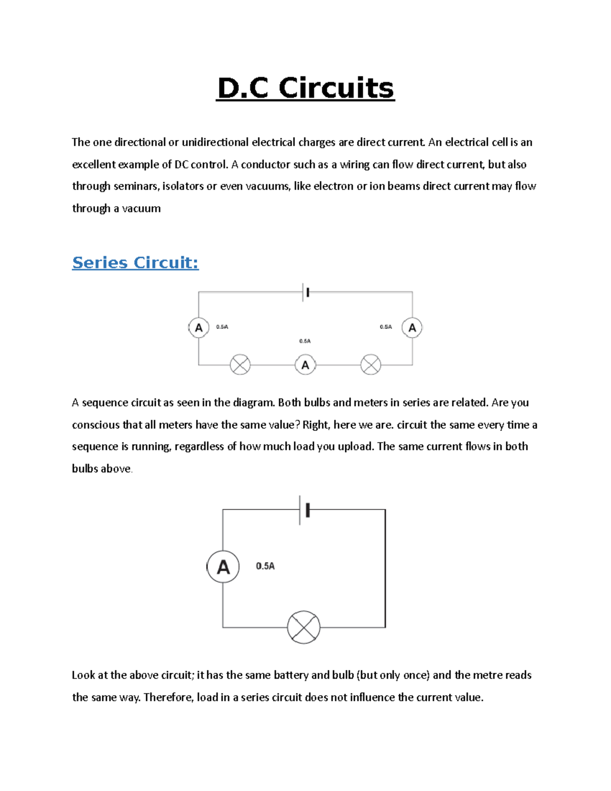D.C Circuits - O level notes for final - D Circuits The one directional ...