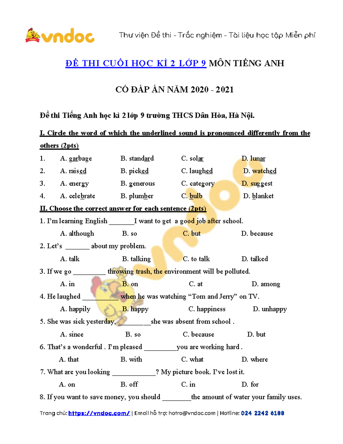 Bo de thi hoc ky 2 mon tieng anh lop 9 co dap an 1 - ĐỀ THI CUỐI HỌC KÌ 2 LỚP 9 MÔN TIẾNG ANH CÓ ...