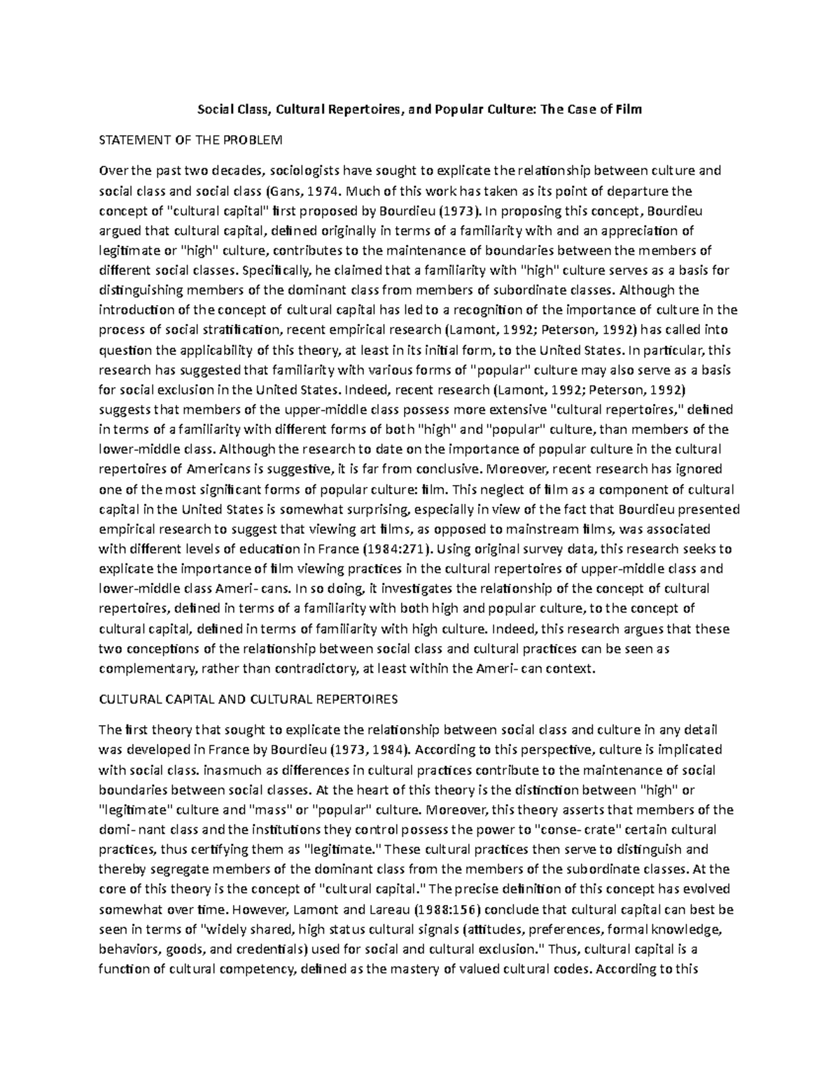 Social Class, Cultural Repertoires, and Popular Culture The Case of ...