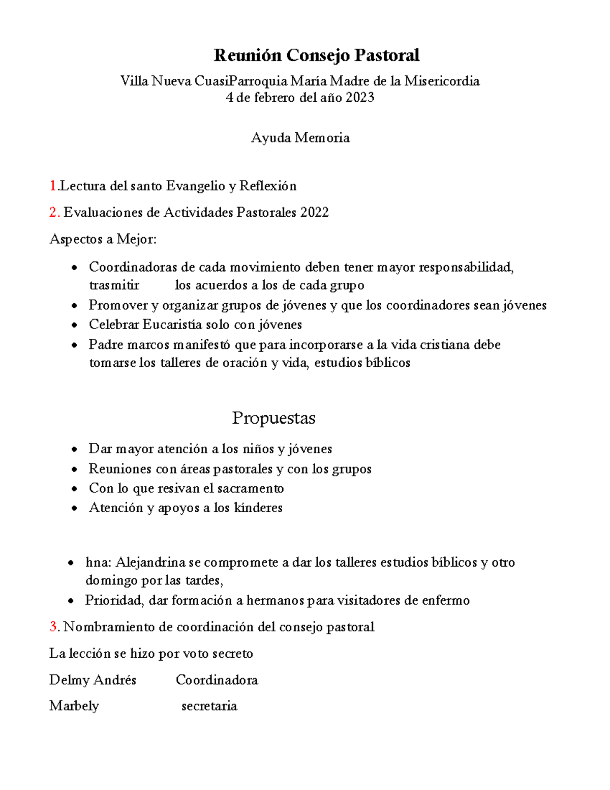 Reunión. de concejo 2023 - Reunión Consejo Pastoral Villa Nueva ...