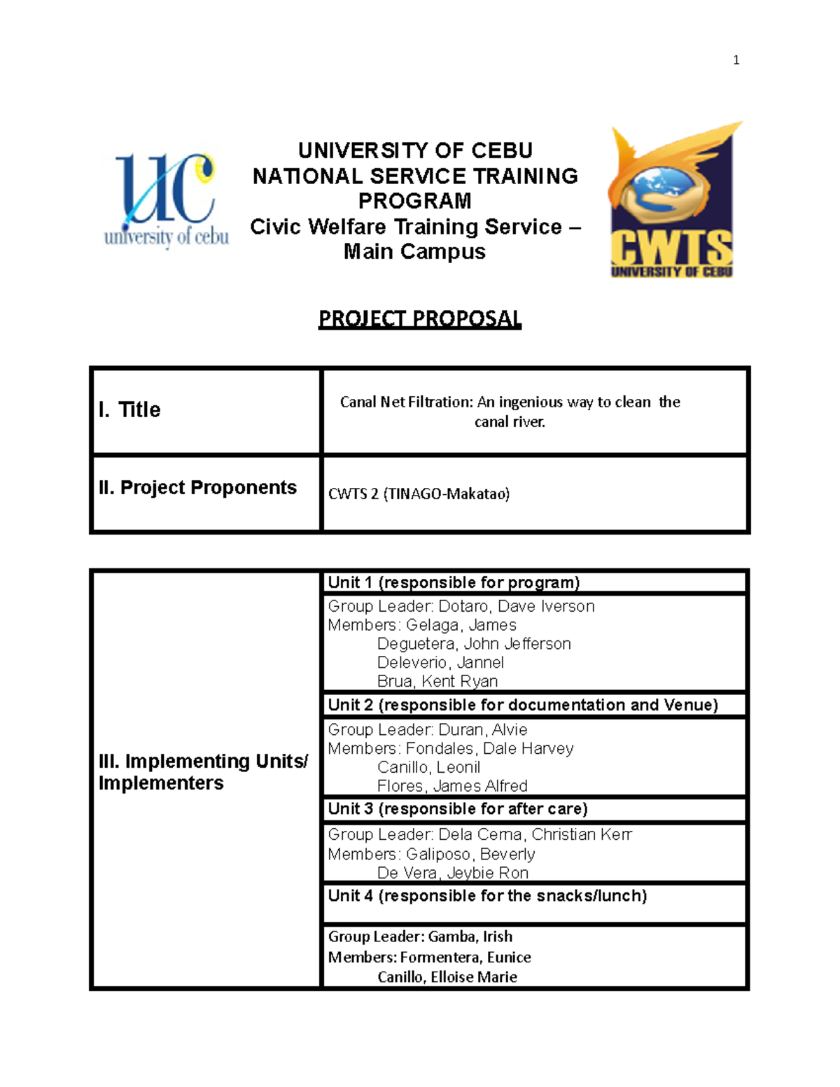Project Proposal - 1 UNIVERSITY OF CEBU NATIONAL SERVICE TRAINING ...