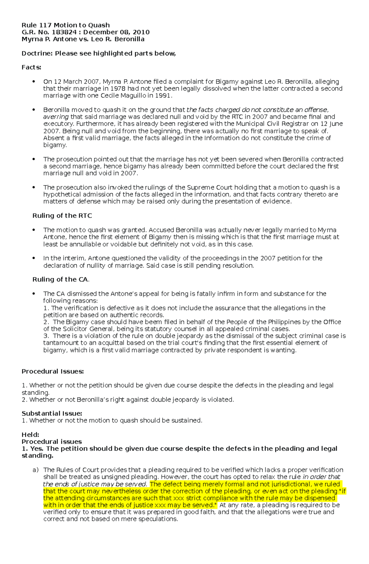 Antone vs Beronilla G.R. No - Rule 117 Motion to Quash G. No. 183824 ...