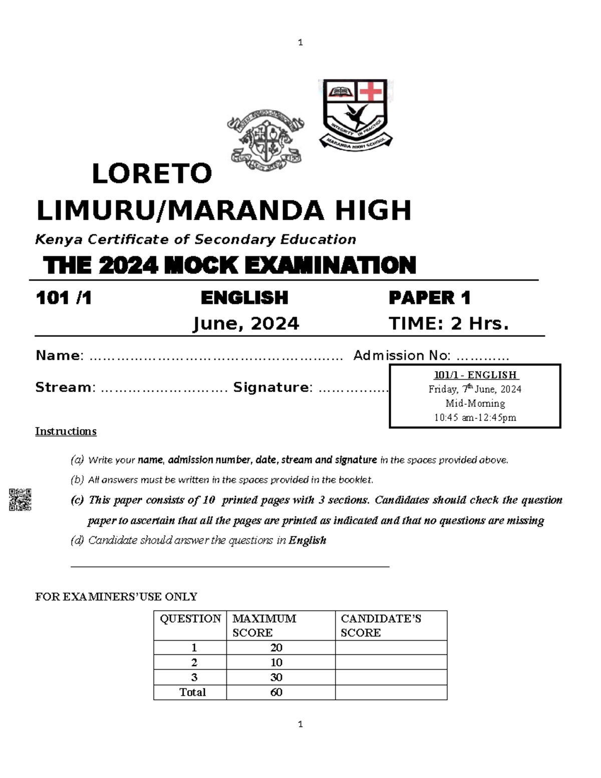Main 1- LAST - nice - LORETO LIMURU/MARANDA HIGH Kenya Certificate of ...