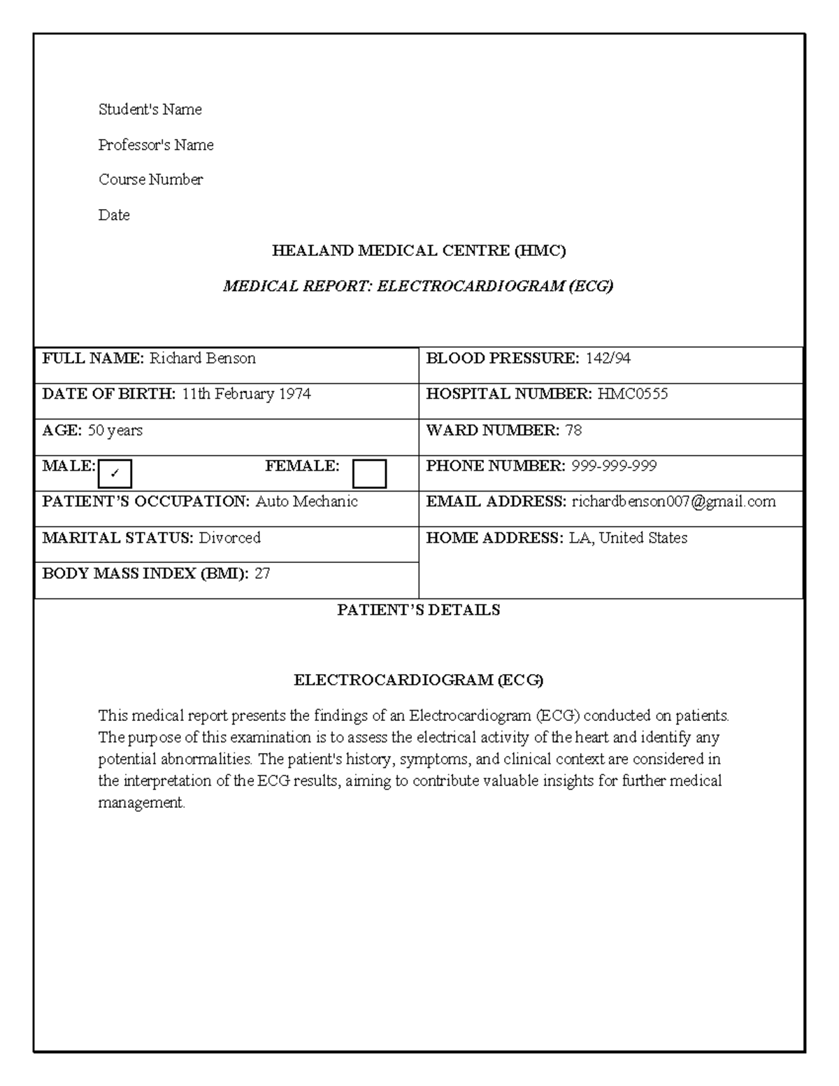 Electrocardiogram (ECG) Medical Report - Student's Name Professor's ...