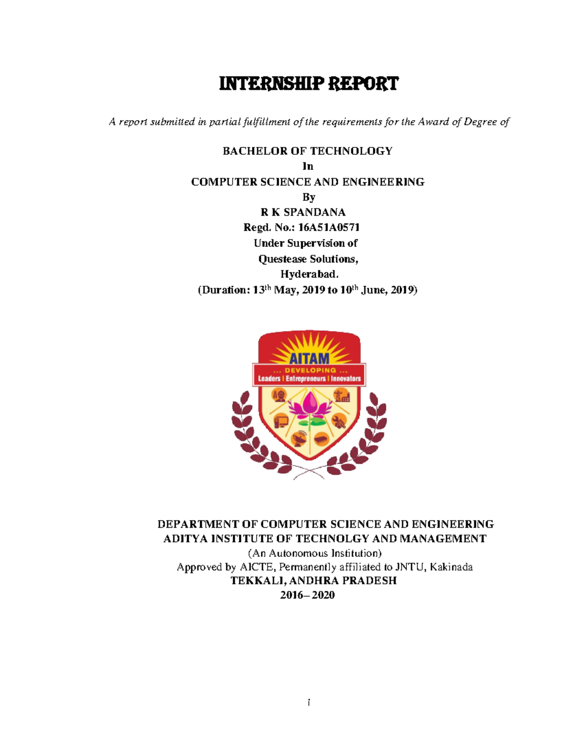 Internship-Report-sample-1 - i INTERNSHIP REPORT A report submitted in partial fulfillment of ...