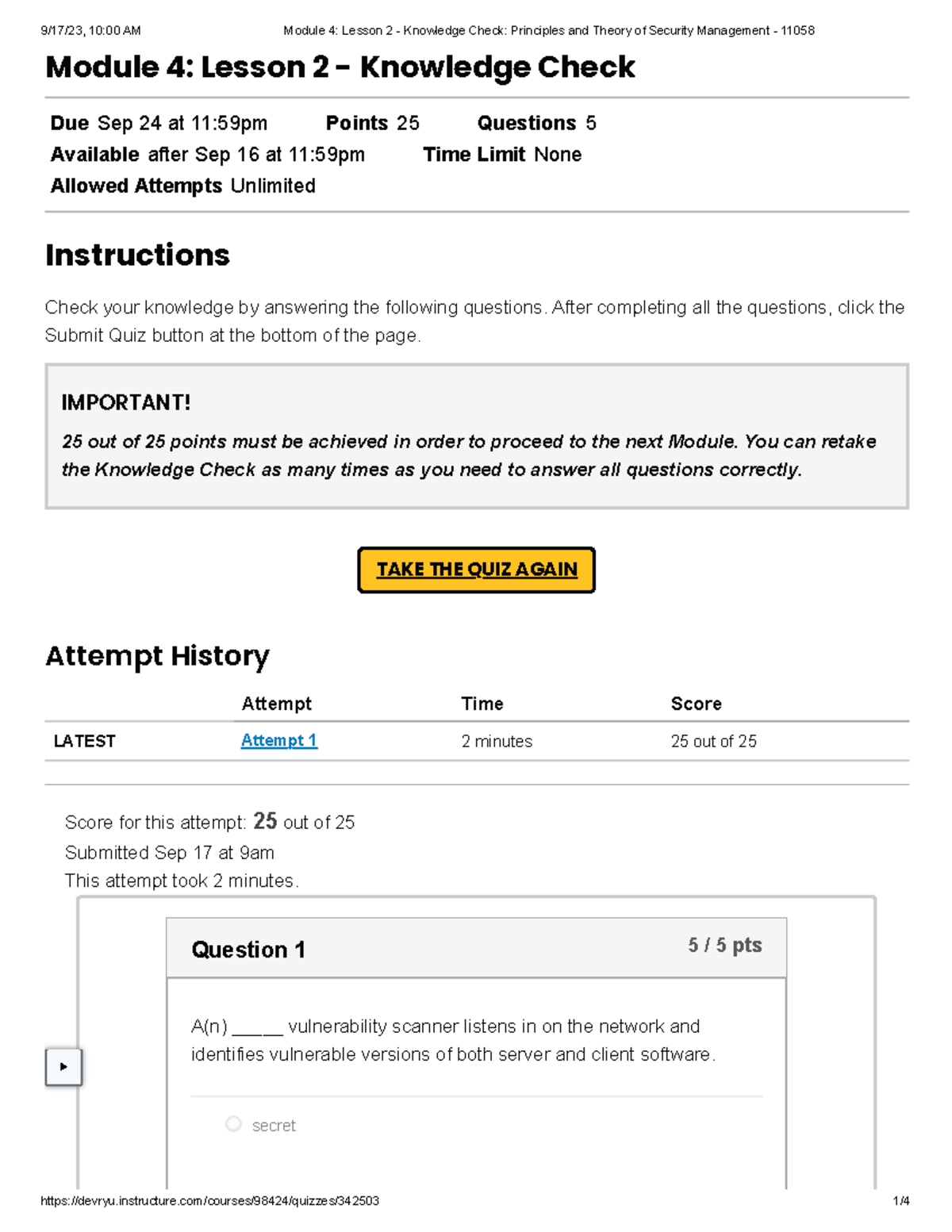 Module 4 Lesson 2 - Knowledge Check Principles and Theory of Security Management - 25 25 ...