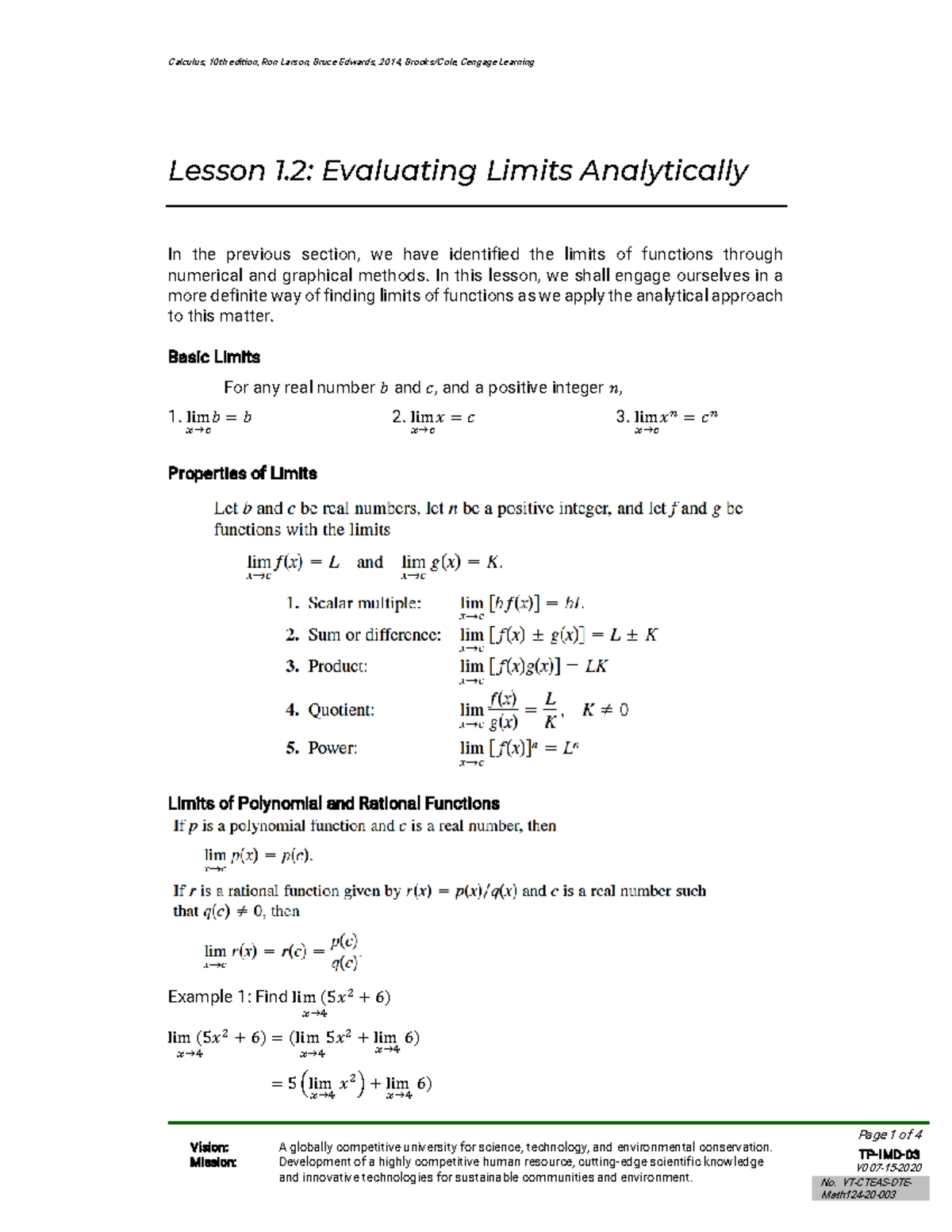 Lesson-1 - Evaluating Limits - Vision: A globally competitive ...