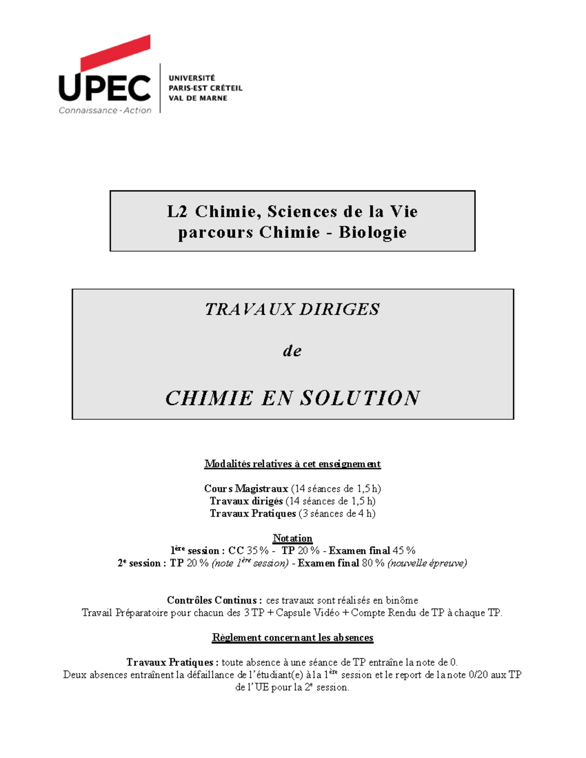 Poly TD 2023-24 L2 S4 CB V01 2 - L2 Chimie, Sciences de la Vie parcours Chimie - Biologie ...