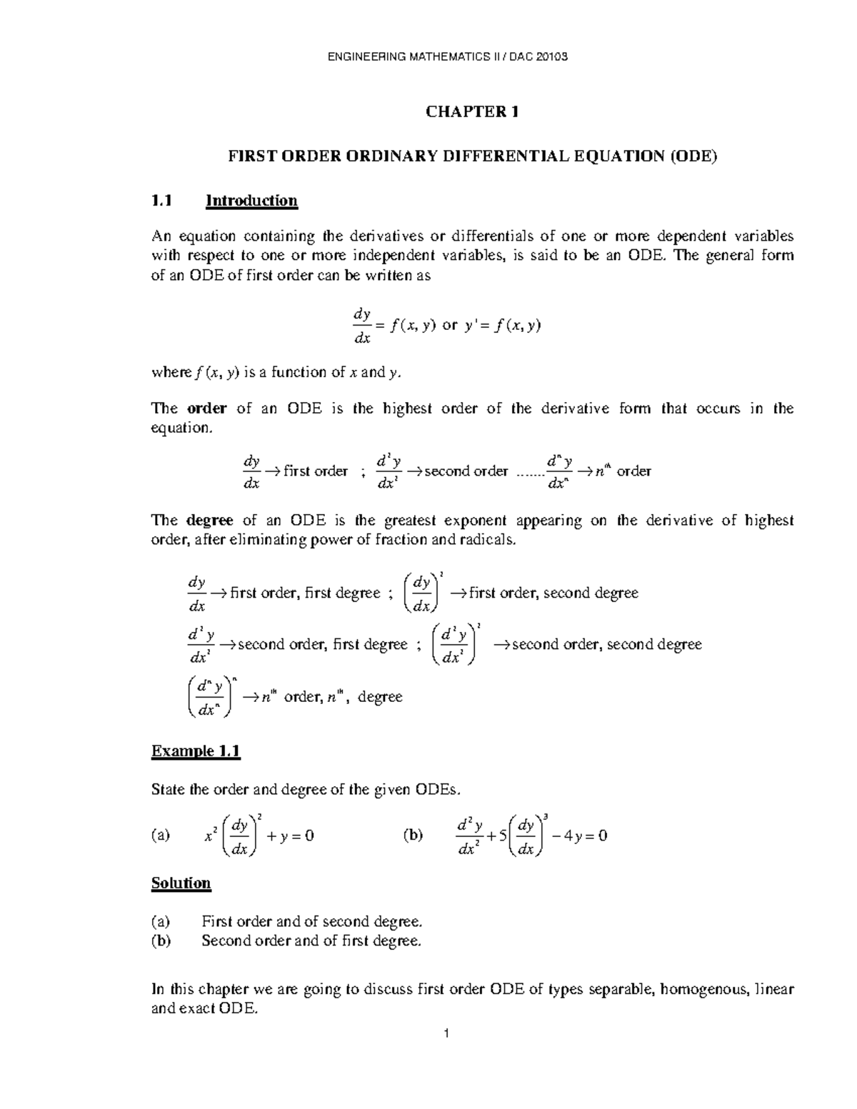 3- math engine chap 1 - CHAPTER 1 FIRST ORDER ORDINARY DIFFERENTIAL EQUATION (ODE) 1 ...