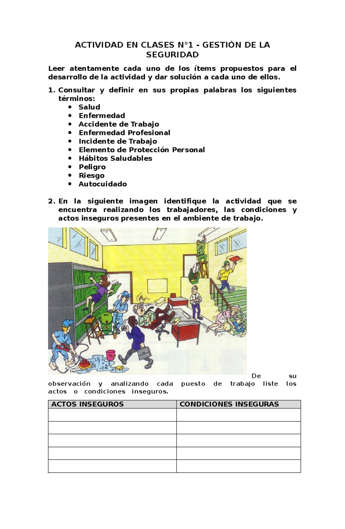 Actos Y Condiciones Inseguras - ACTIVIDAD EN CLASES N°1 - GESTIÓN DE LA ...