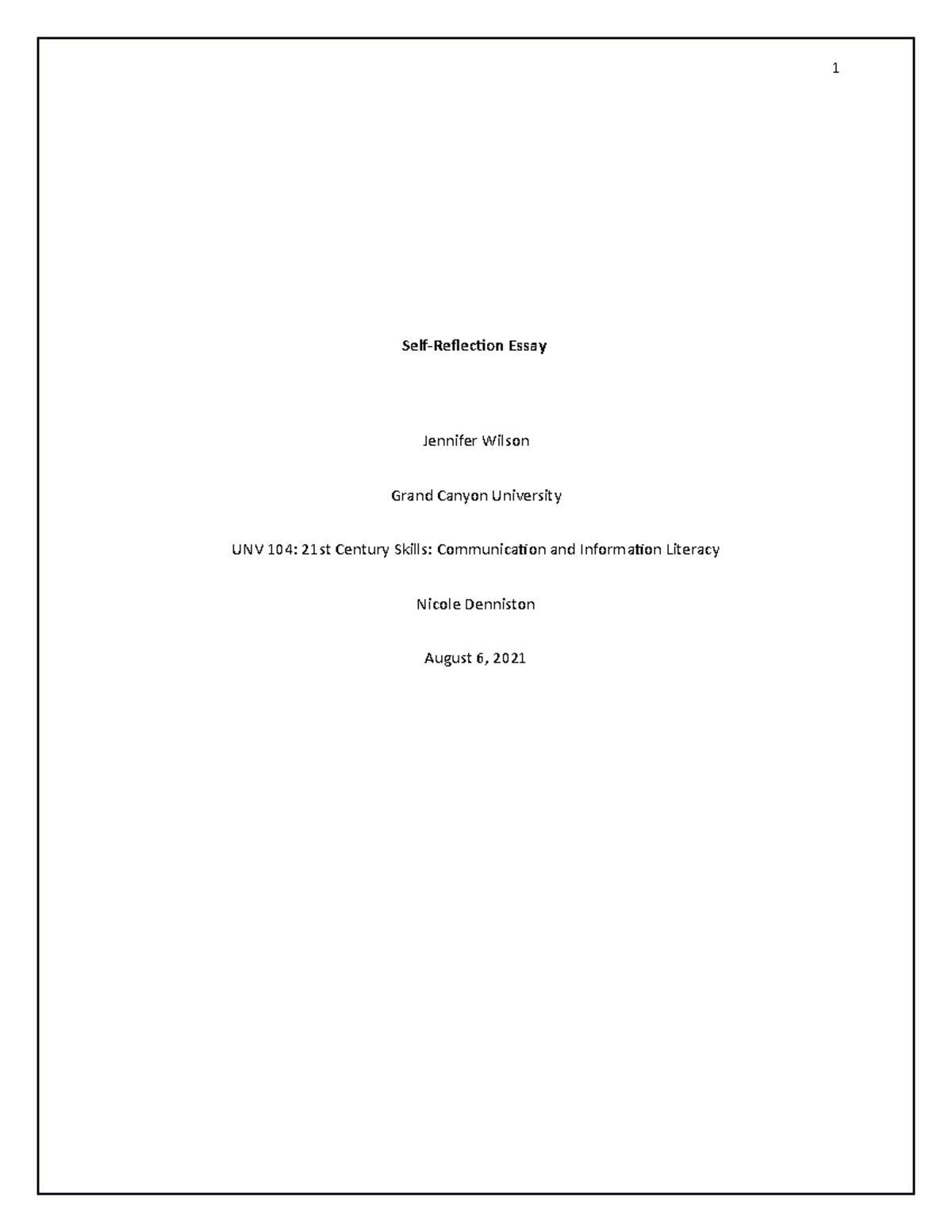 Self Reflection Essay - 1 Self-Reflection Essay Jennifer Wilson Grand ...
