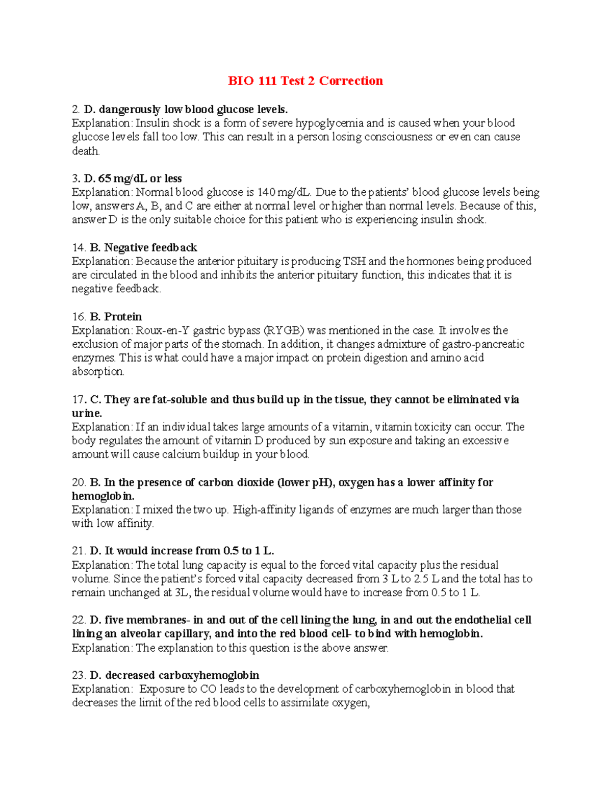 BIO 111 Test 2 Correction - BIO 111 Test 2 Correction D. dangerously ...