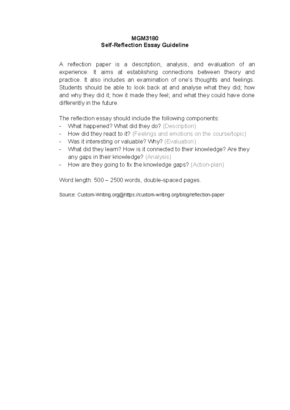 11 Self-Reflection Essay Guideline - MGM Self-Reflection Essay ...